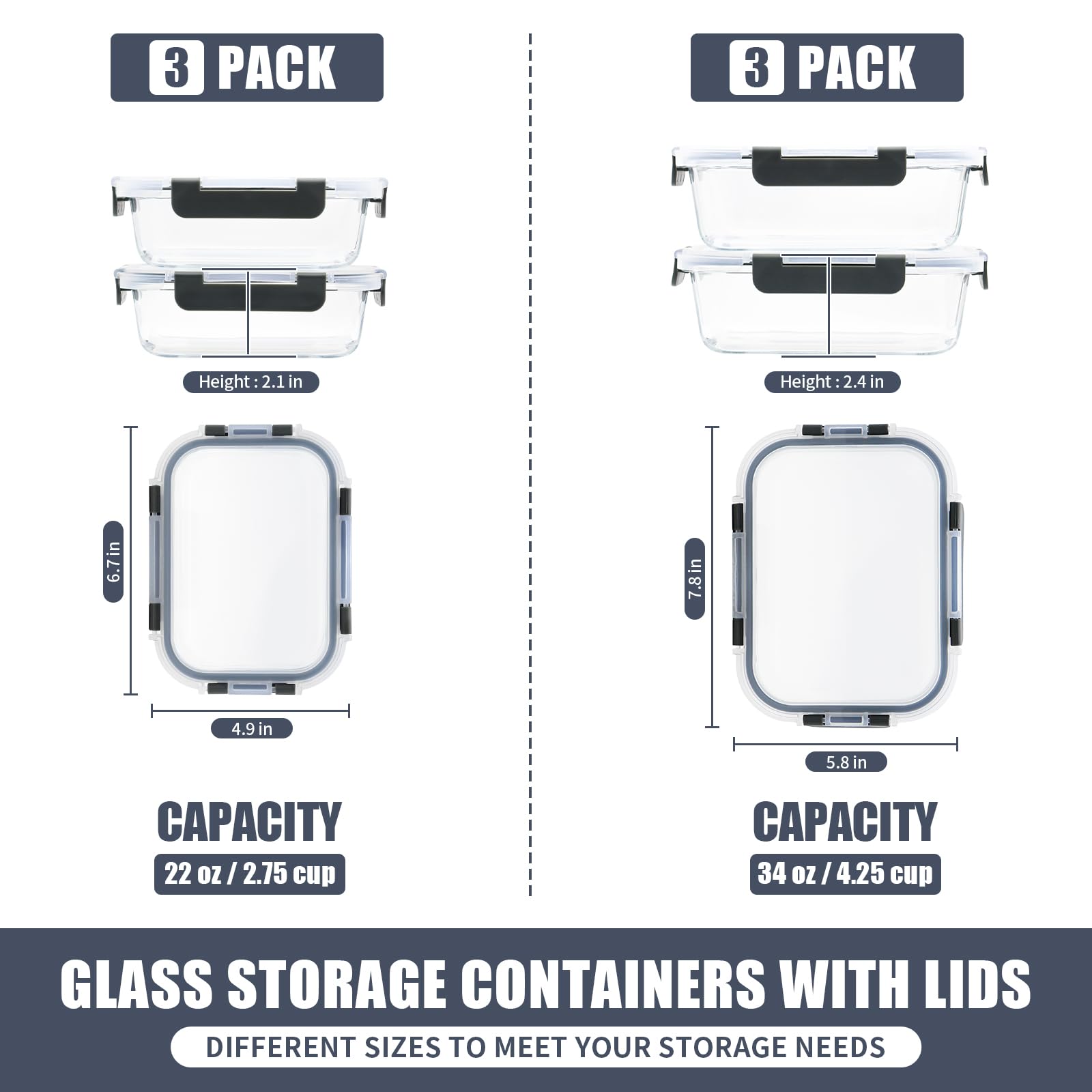DONQQCC 6 Pack Glass Food Storage Containers, Ideal for Lunch, Meal Prep, Leftovers, Airtight Bento Boxes with Leak Proof Locking Lids, Freezer to Microwave Safe