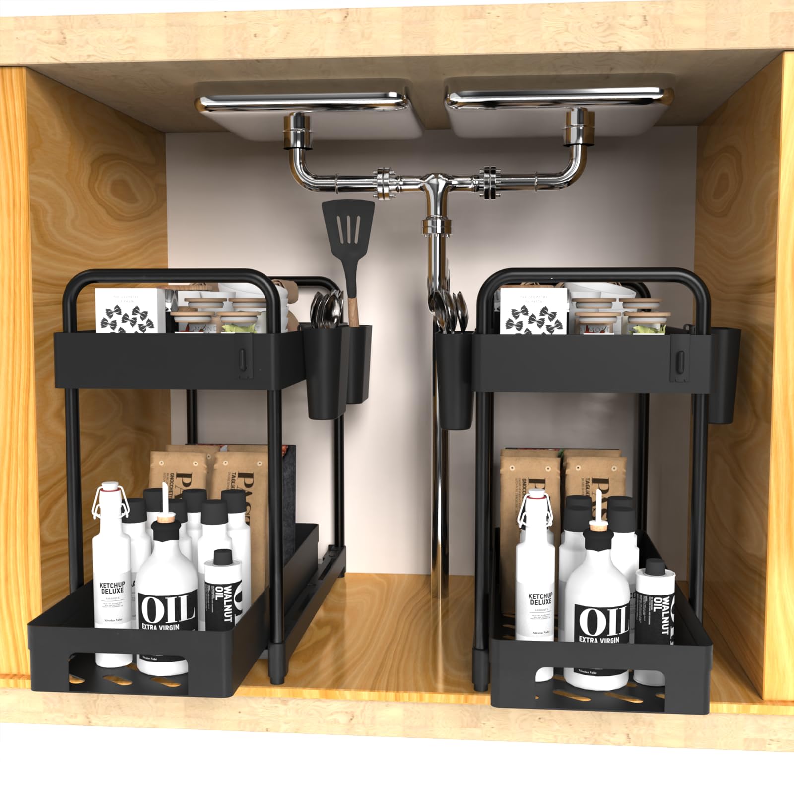 Botion 2 Pack Double-Layer Under Sink Organizer for Efficiently Utilizing Space, High Capacity and Space Saving, 2 Tier Sliding Under Sink Shelf with 4 Hooks and a Cup Slot(Black)