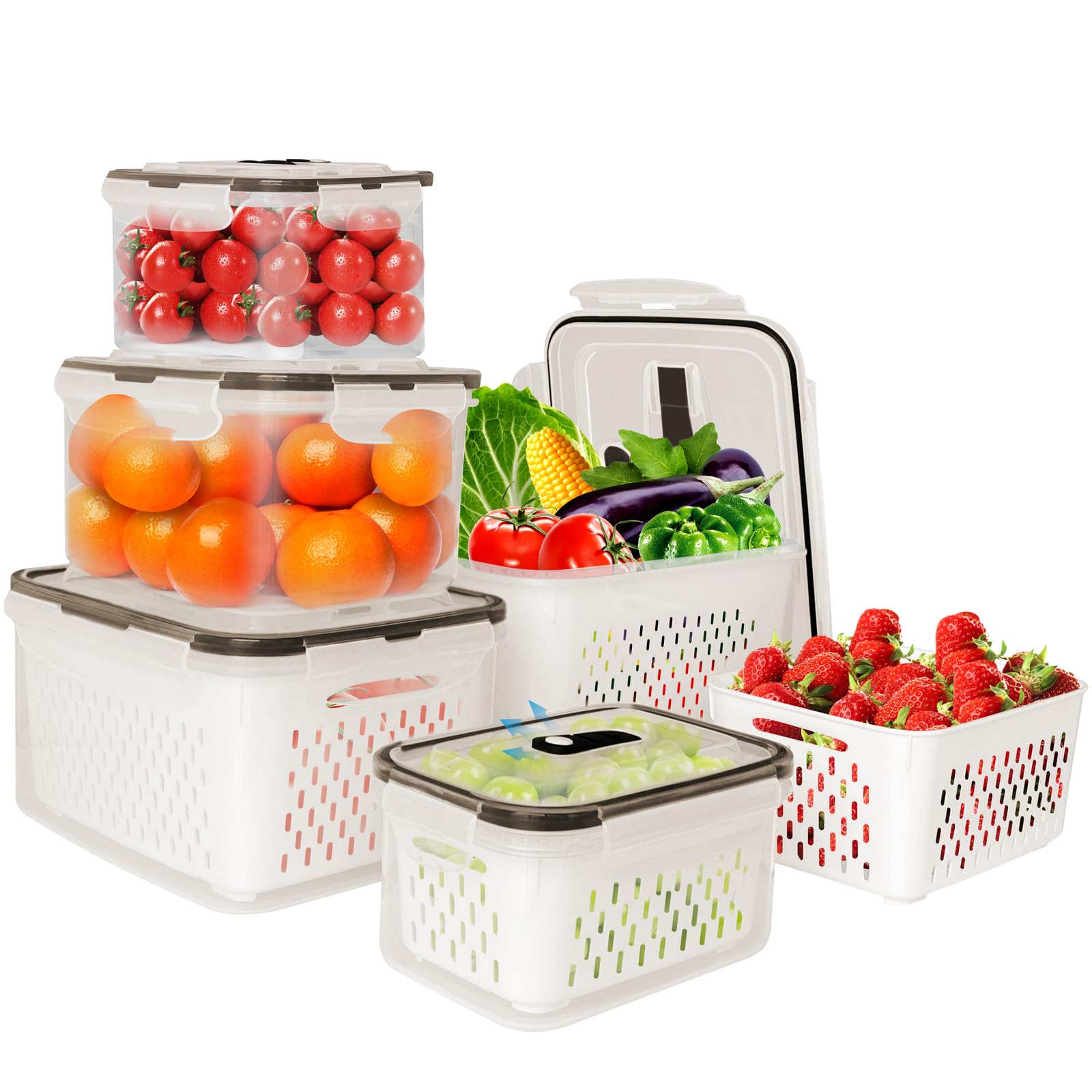 GSAFEME 4 PCS Large Fruit Containers for Fridge with Handle - Leakproof Food Storage Containers with Removable Colander for Salad Berry Lettuce Vegetables Meat Keeper