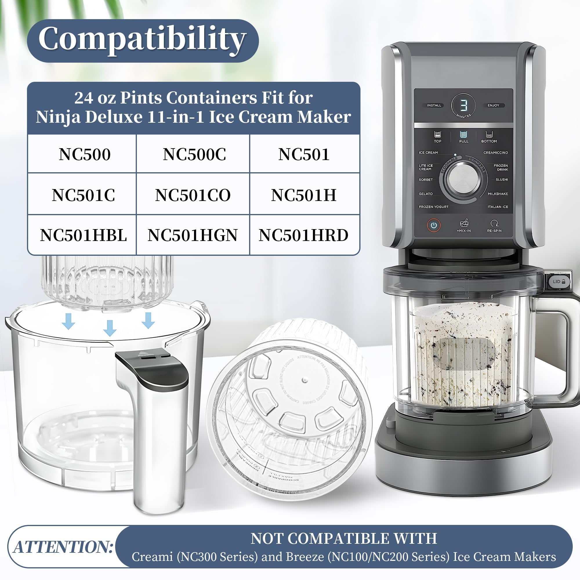Ninja Creami Deluxe Pint Containers - Fit for CN501CO NC501 NC500, 11-in-1, 24oz XL Ice Cream Makers - 4 Pack Food Ninja Kitchen Creami Cups Bowls - Dishwasher Safe, BPA Free
