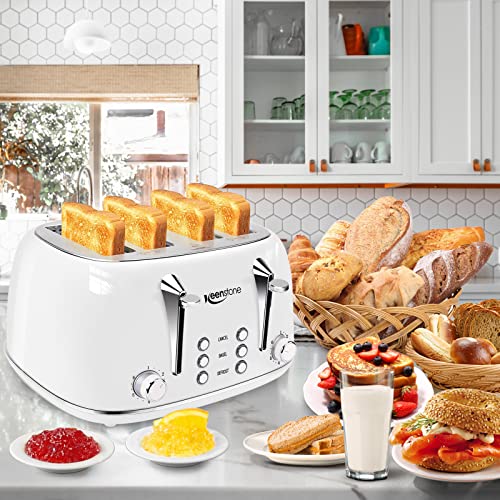 Toaster 4 Slice Stainless Steel Toaster with Bagel, Cancel, Defrost Function, Keenstone 4 Slice Toaster with Removable Crumb Tray, 4 Extra Wide Slots, 6 Shade Settings, White