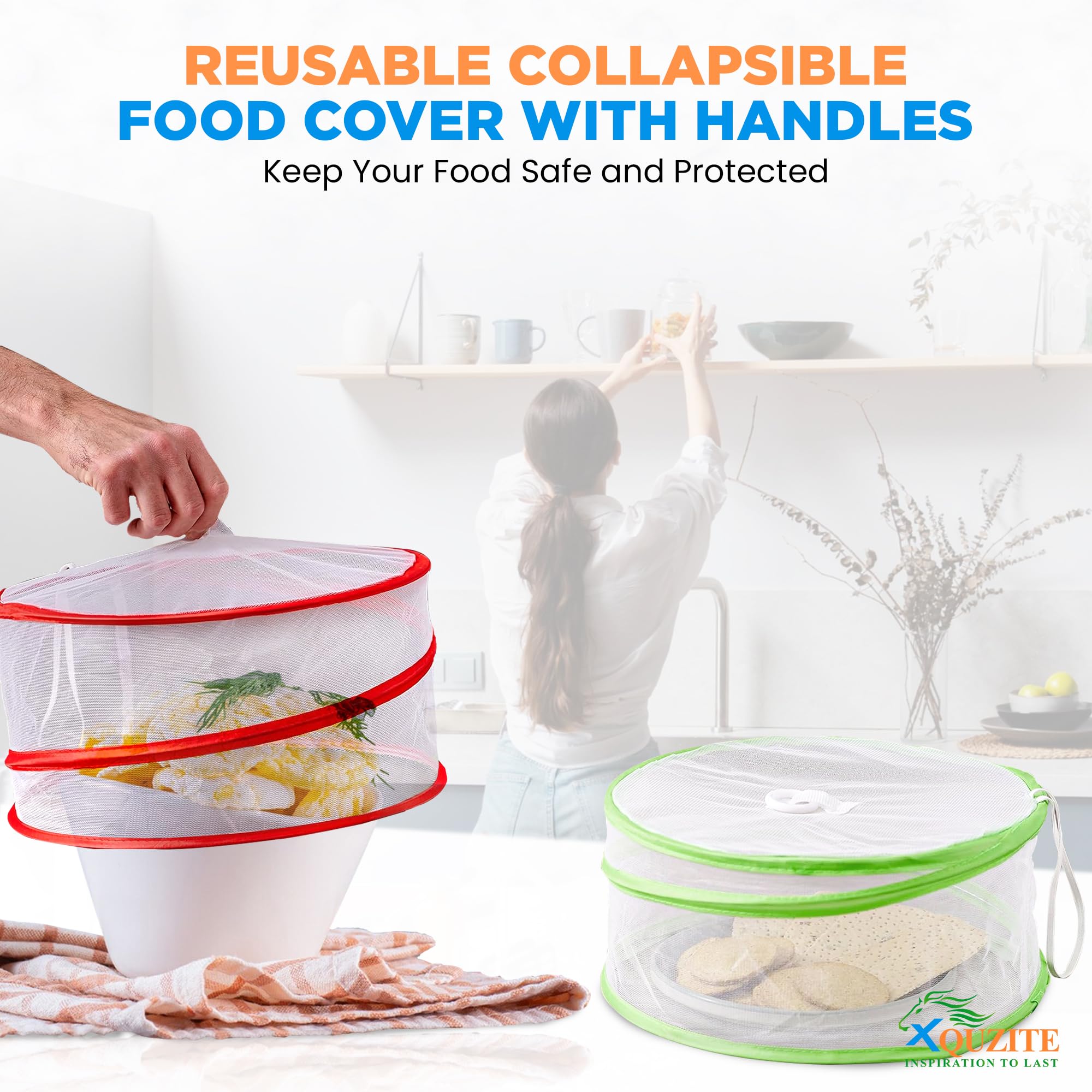 XQUZITE Pop Up Mesh Food Covers - Collapsible Pop Up Food Cover Set for Camping, Picnic and Outdoors - Complete with Plastic Food Cover Wraps