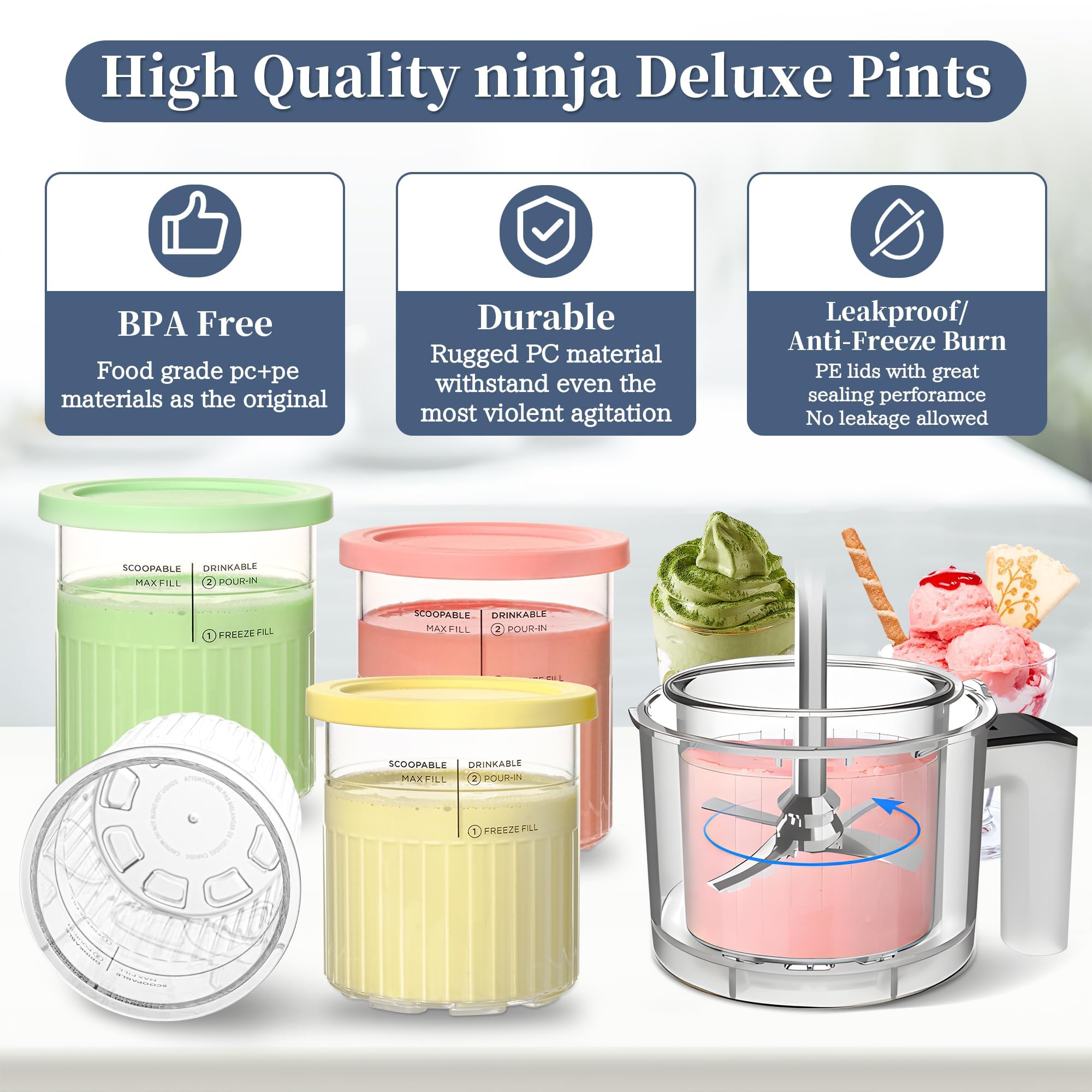 Ninja Creami Deluxe Pint Containers - Fit for CN501CO NC501 NC500, 11-in-1, 24oz XL Ice Cream Makers - 4 Pack Food Ninja Kitchen Creami Cups Bowls - Dishwasher Safe, BPA Free