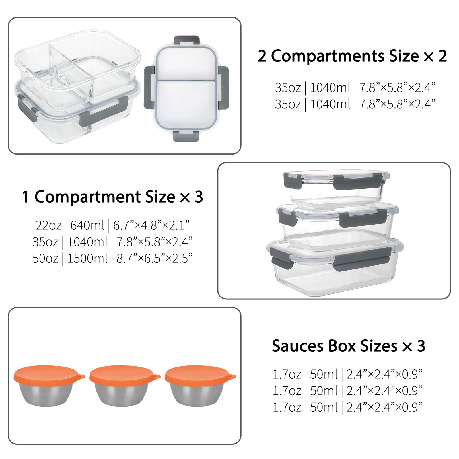 Moretoes 8pack Glass Meal Prep Containers, Glass Food Storage Container with Lid, Glass Lunch Containers with Compartments Leak-proof, for Microwave, Oven, Freezer, Dishwasher