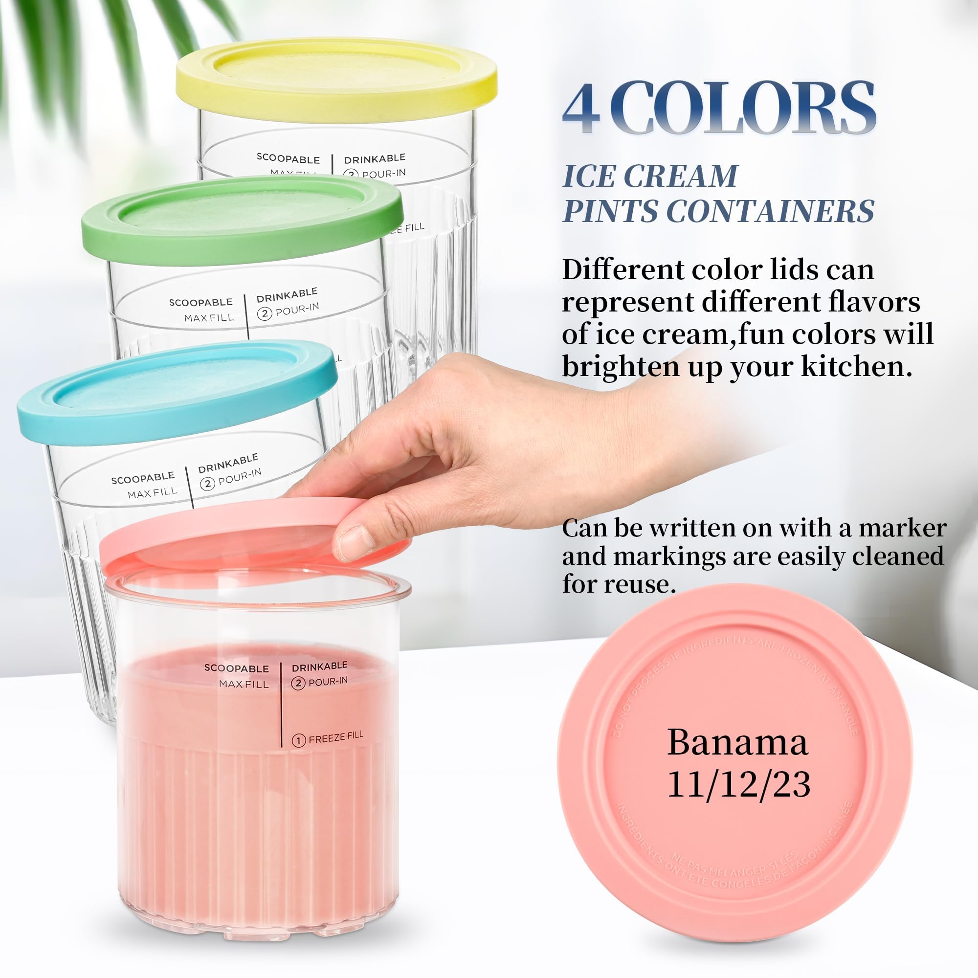 Ninja Creami Deluxe Pint Containers - Fit for CN501CO NC501 NC500, 11-in-1, 24oz XL Ice Cream Makers - 4 Pack Food Ninja Kitchen Creami Cups Bowls - Dishwasher Safe, BPA Free