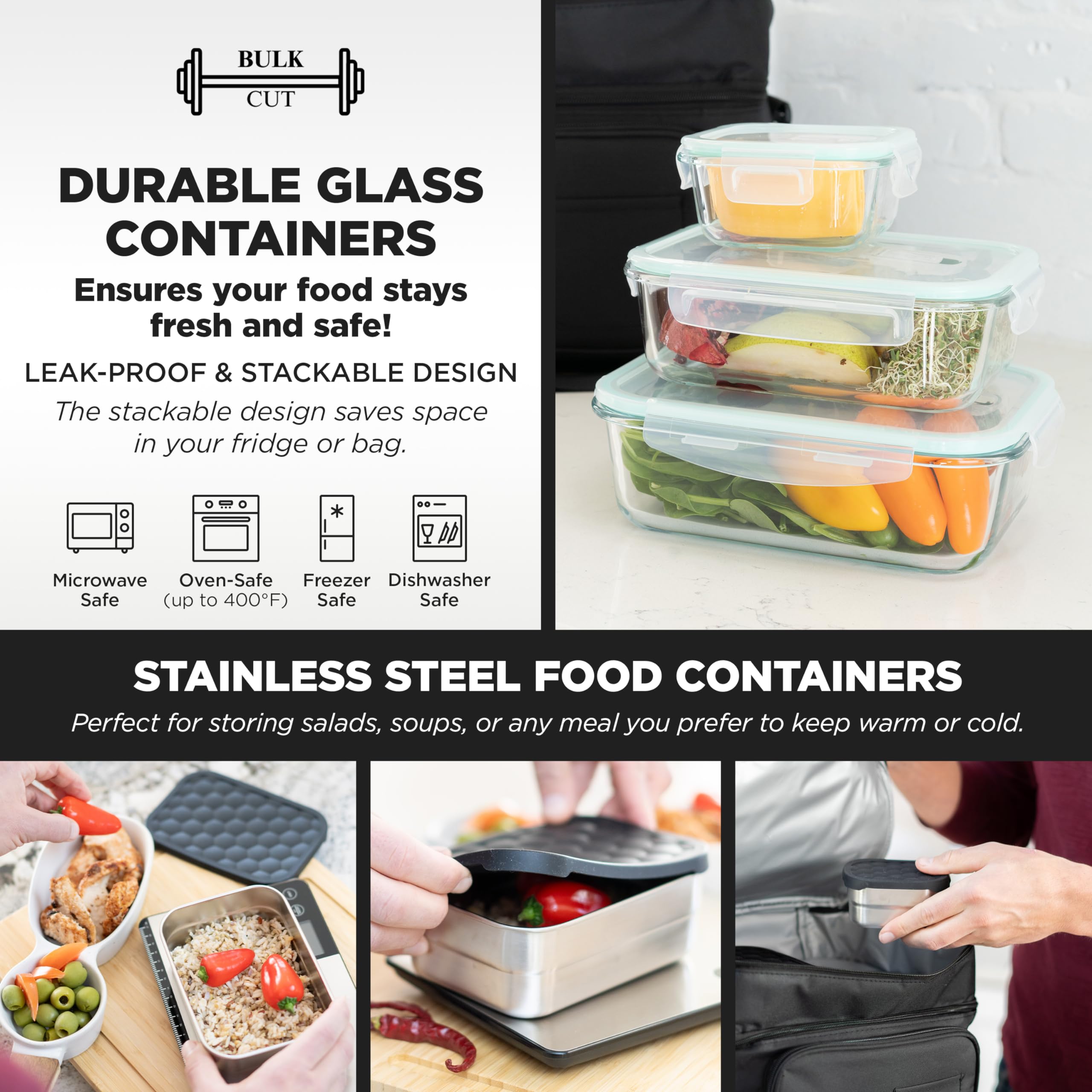 Bulk Cut Ultimate Meal Prep Containers Set, Reusable Lunch Boxes, Includes Glass and Stainless-Steel Lunch Storage Containers with Lids, Precision Food Scale and Lunch Bag, Modern Lunch Box Set