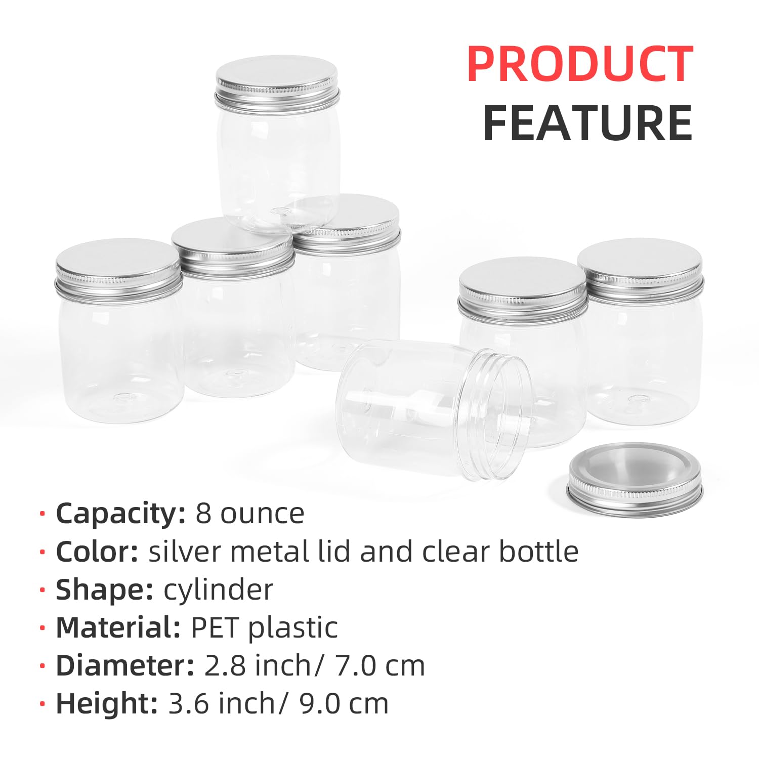 OMNISAFE 8 Ounce Clear Plastic Mason Jars With Screw On Lid, Reusable Empty Jars for Food Storage, Round BPA Free Containers for Sealing, Dry Food, Snacks, Candies, Breakage-proof, (Silver - 32 Pack)