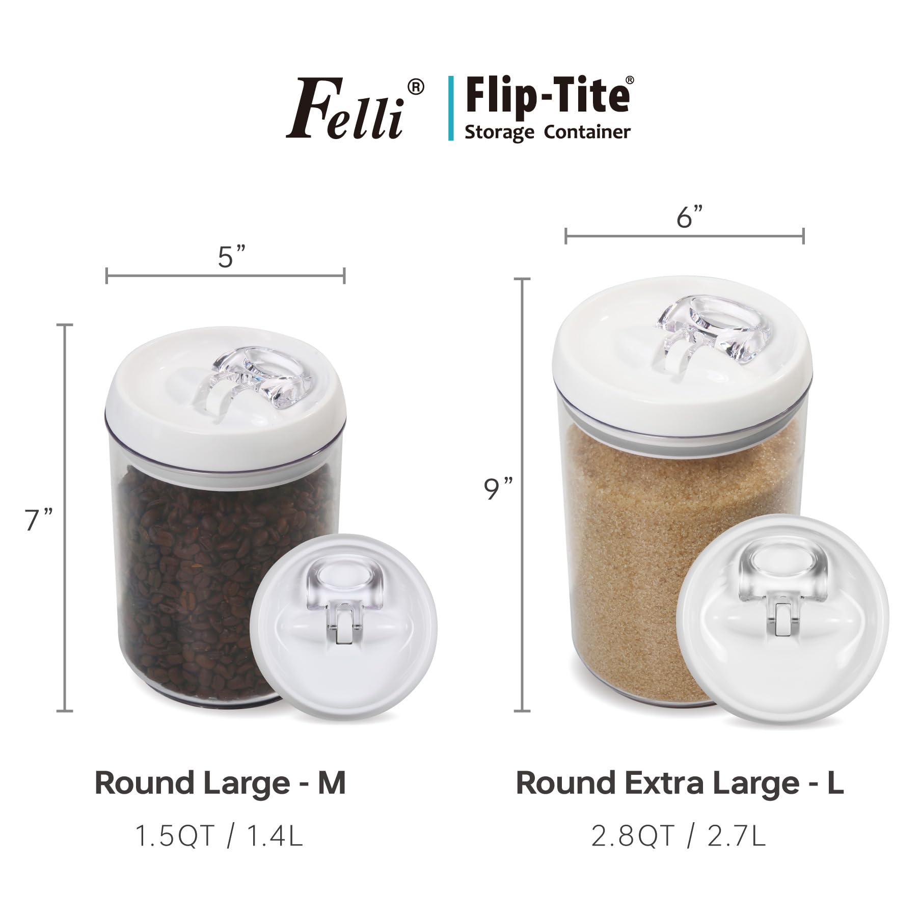 Felli Flip Tite Storage Container with Lid 6" ROUND Airtight Ring Lock Top, Plastic Canister Jar for Flour Sugar Rice Protein Powder Coffee Cracker Kitchen Pantry Organizer (1, 6" Round Nest-M 2pk)