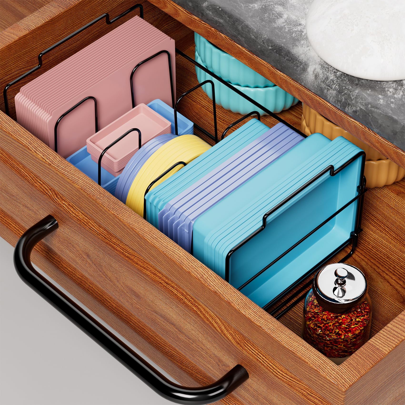 GAGUIUP Food Container Lid Organizer, Large Capacity Adjustable 4 Dividers Detachable Lid Organizer Rack for Kitchen Cabinets, Drawers, Plastic Lid Organizer For Pantry Shelves, Cupboards, Black