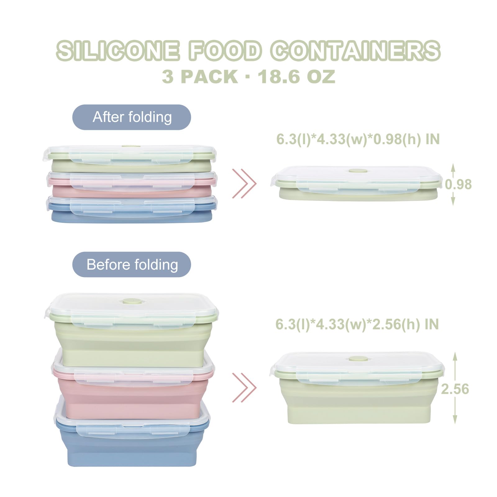 KIGI 【3 PACK】 18.6OZ Collapsible Small Bento Box Food Storage Containers with Lids Airtight Meal Prep Containers,BPA FREE,Microwave Safe