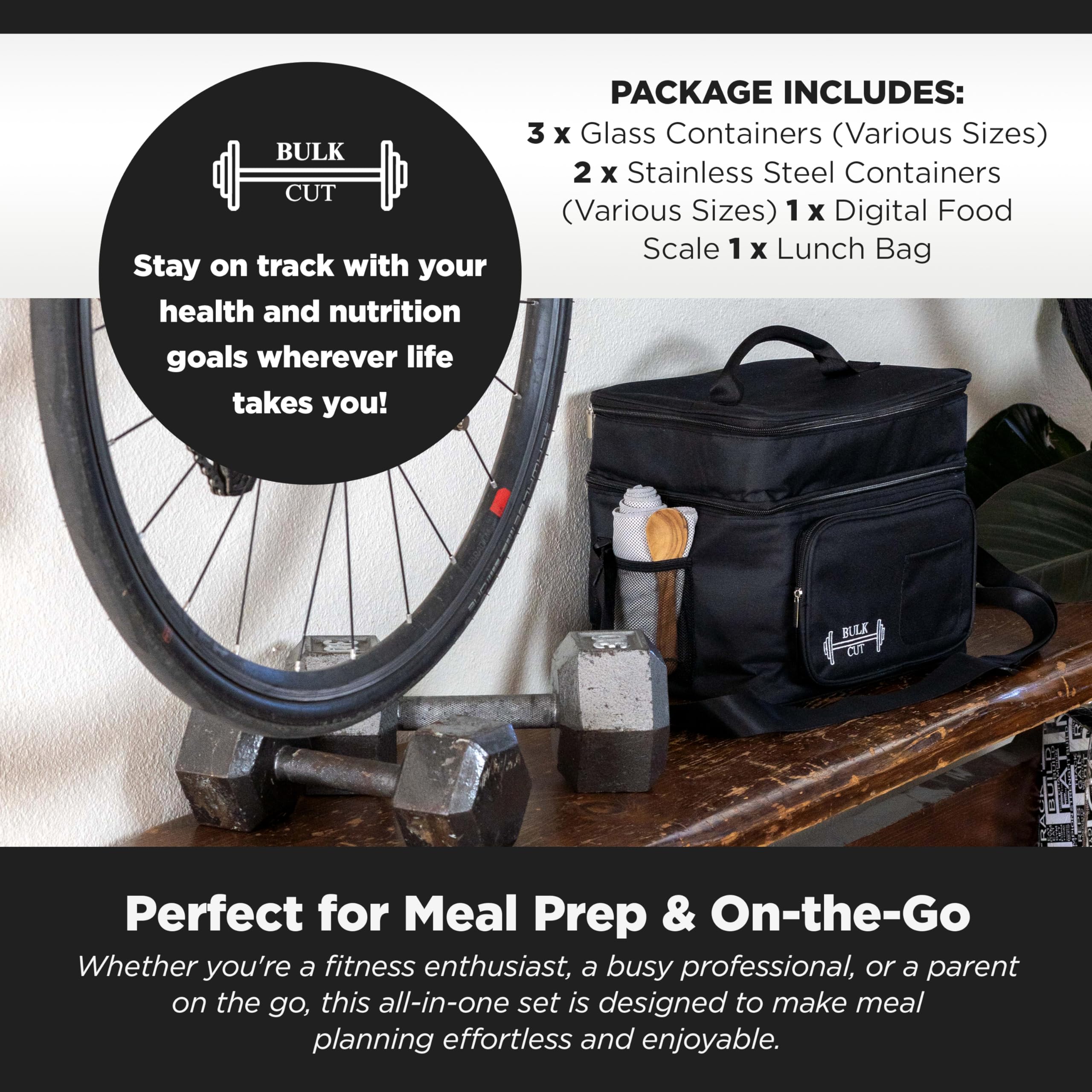 Bulk Cut Ultimate Meal Prep Containers Set, Reusable Lunch Boxes, Includes Glass and Stainless-Steel Lunch Storage Containers with Lids, Precision Food Scale and Lunch Bag, Modern Lunch Box Set