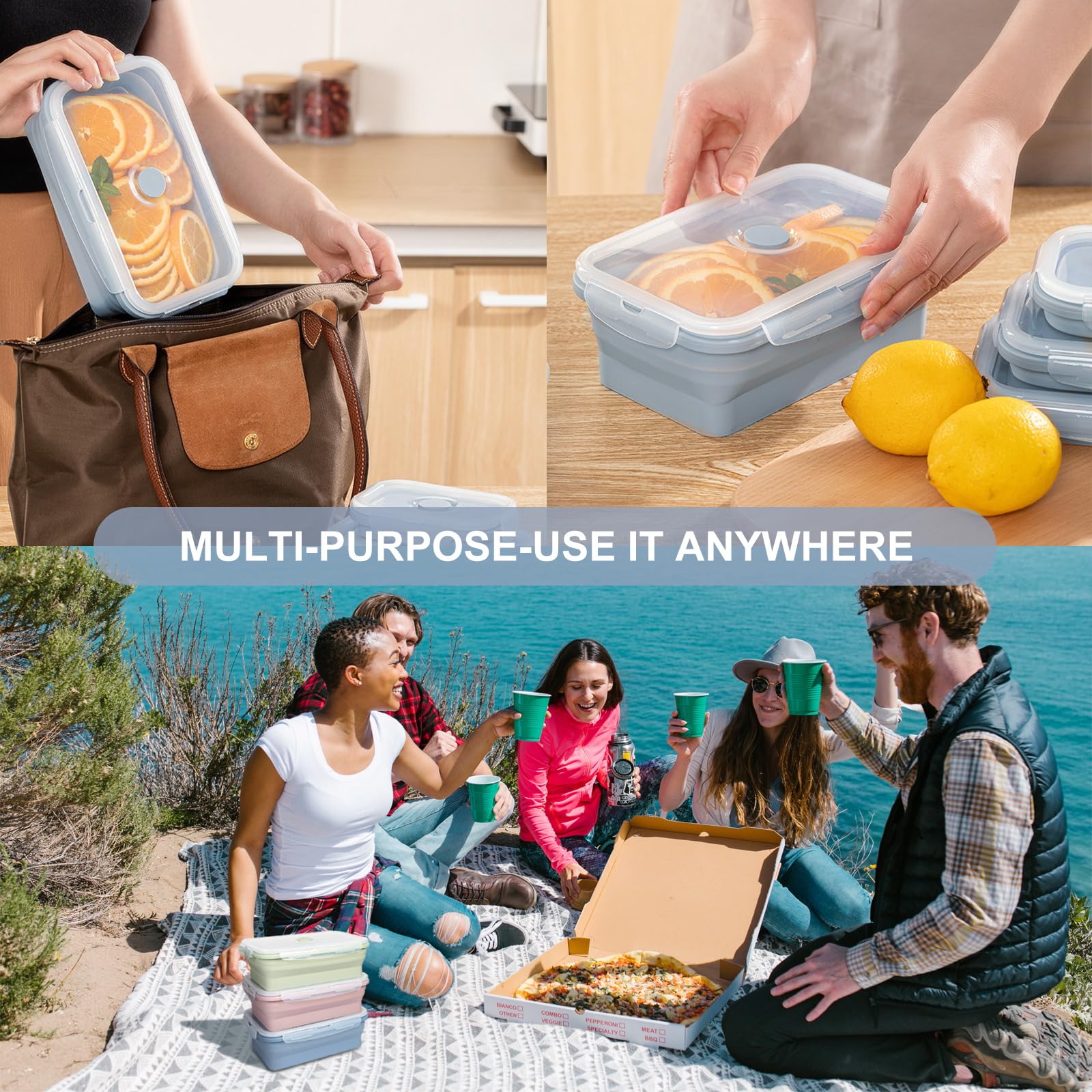 KIGI 【3 PACK】 18.6OZ Collapsible Small Bento Box Food Storage Containers with Lids Airtight Meal Prep Containers,BPA FREE,Microwave Safe
