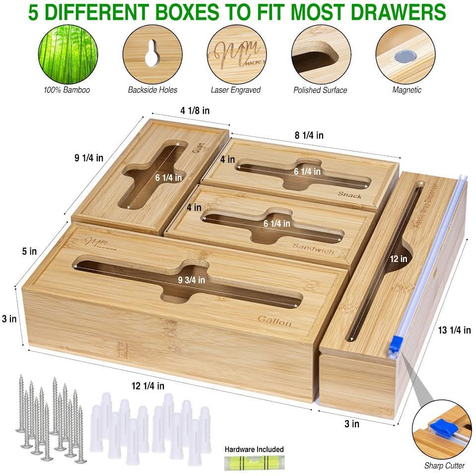 Bamboo Food Bag Storage Organizer for Kitchen Drawer, Plastic Bag Organizer with Individual Boxes and Plastic Wrap Cutter - for Sandwich, Slider, Quart, Slider Quart, Gallon, Plastic Wrap, Foil
