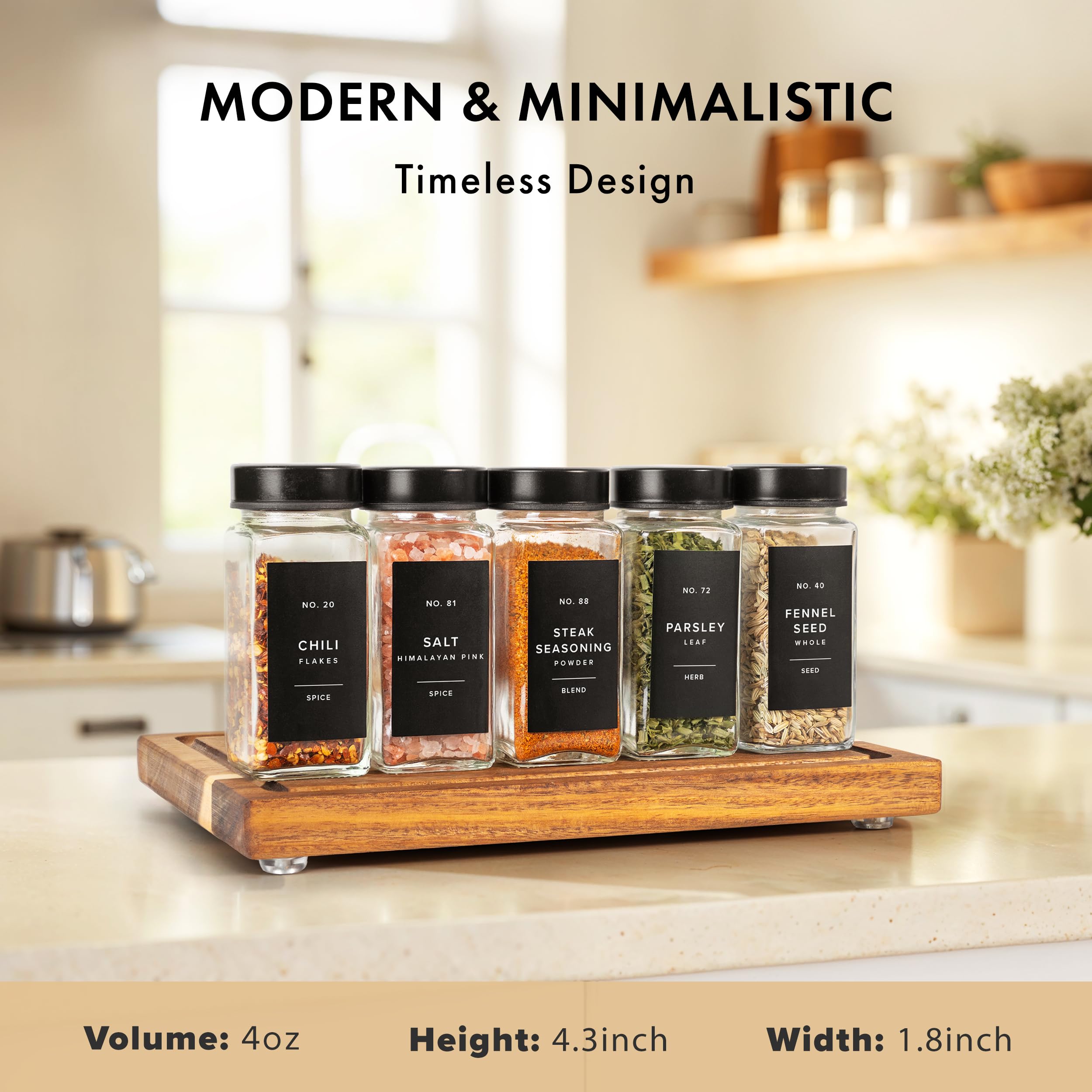EDELHAUS Glass Spice Jars with Label and Black Lids (24 x 4oz) Spice Containers with 240 Labels, Shaker Inserts, Steel Funnel, Empty Square Empty Square Seasoning Organizer