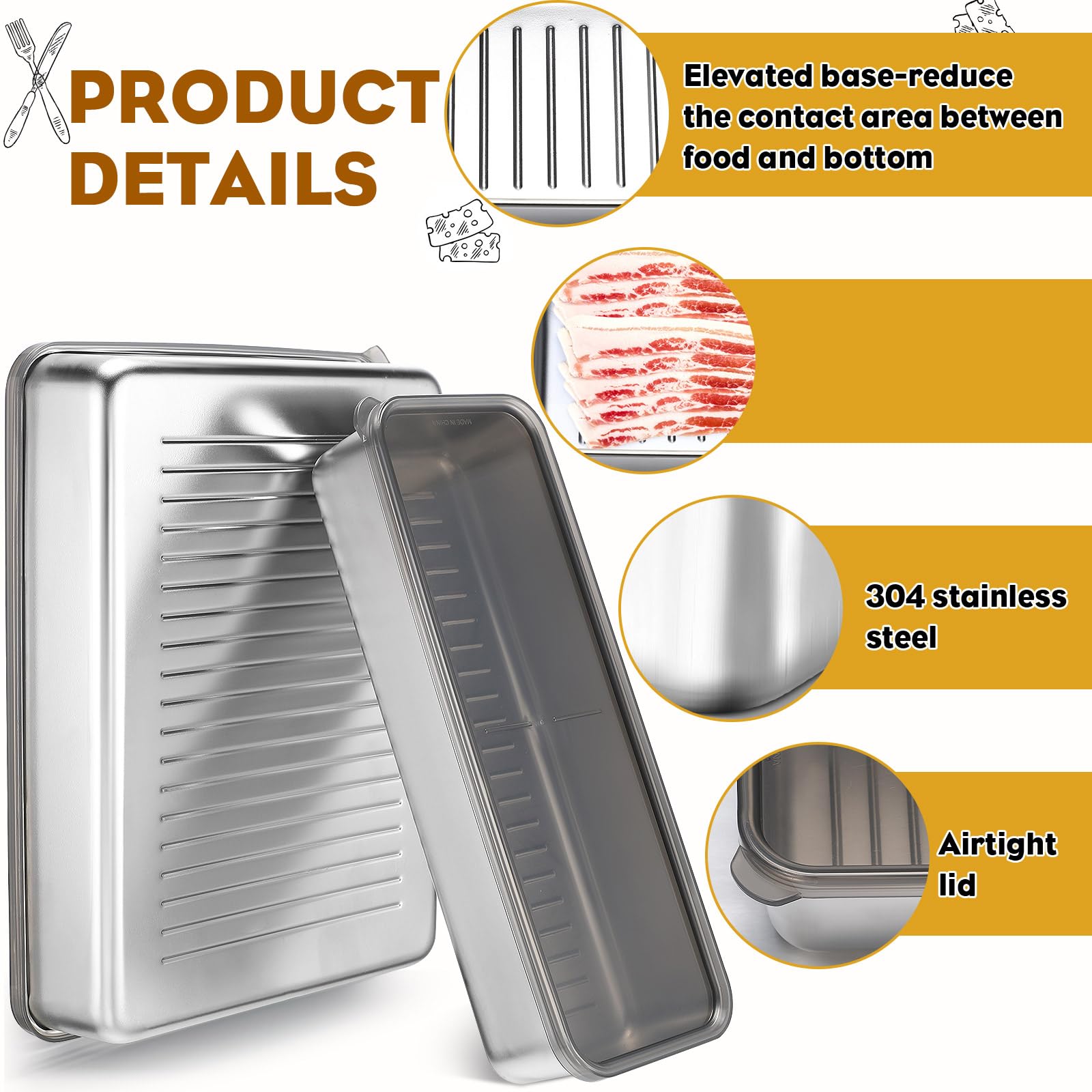 Maxcheck 6 Pcs Stainless Steel Food Containers with Lids 2 Metal Bacon Container for Refrigerator 2 Cheese Deli Meat Steamer Airtight Bacon Keeper 2 Food Clips for Freezer Buffet Kitchen