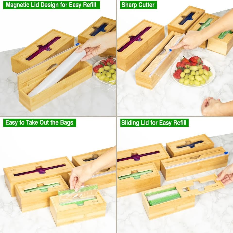 Bamboo Food Bag Storage Organizer for Kitchen Drawer, Plastic Bag Organizer with Individual Boxes and Plastic Wrap Cutter - for Sandwich, Slider, Quart, Slider Quart, Gallon, Plastic Wrap, Foil