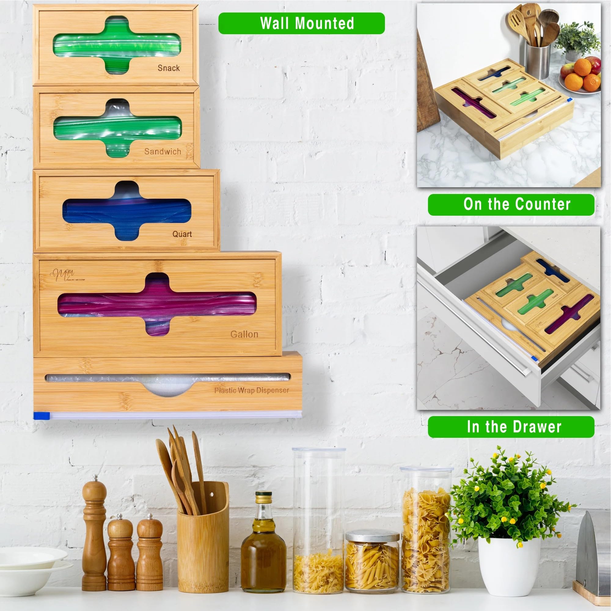 Bamboo Food Bag Storage Organizer for Kitchen Drawer, Plastic Bag Organizer with Individual Boxes and Plastic Wrap Cutter - for Sandwich, Slider, Quart, Slider Quart, Gallon, Plastic Wrap, Foil