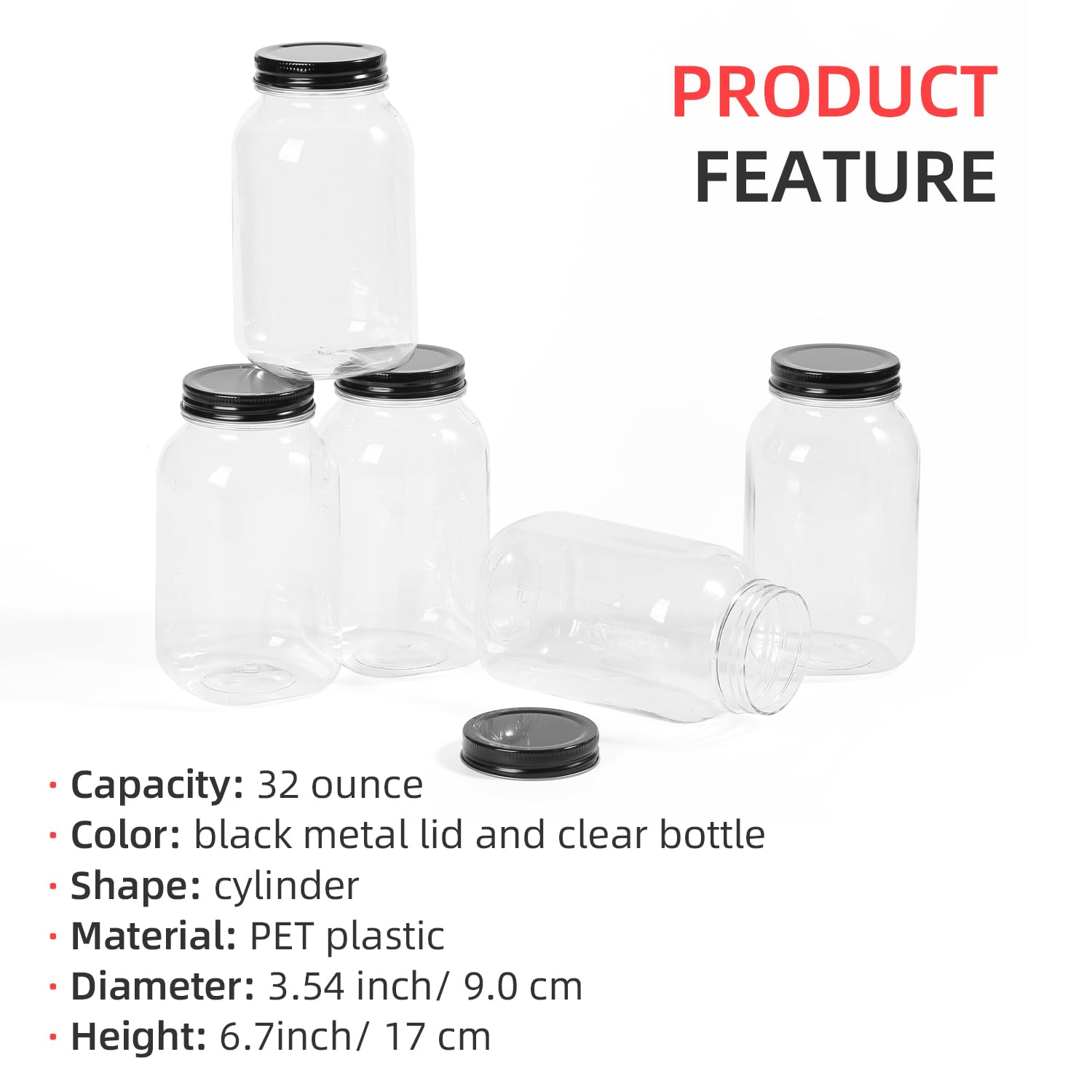 OMNISAFE 32 Ounce Clear Plastic Mason Jars With Screw On Lid, Reusable Empty Jars for Food Storage, Round BPA Free Containers for Sealing, Dry Food, Snacks, Candies, Breakage-proof, (Black - 12 Pack)