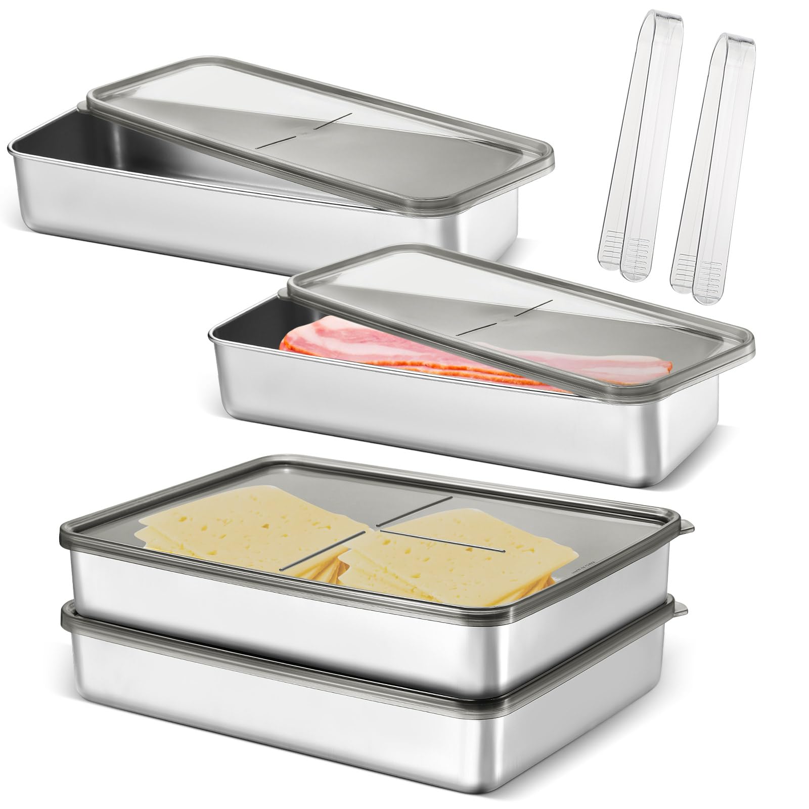 Maxcheck 6 Pcs Stainless Steel Food Containers with Lids 2 Metal Bacon Container for Refrigerator 2 Cheese Deli Meat Steamer Airtight Bacon Keeper 2 Food Clips for Freezer Buffet Kitchen
