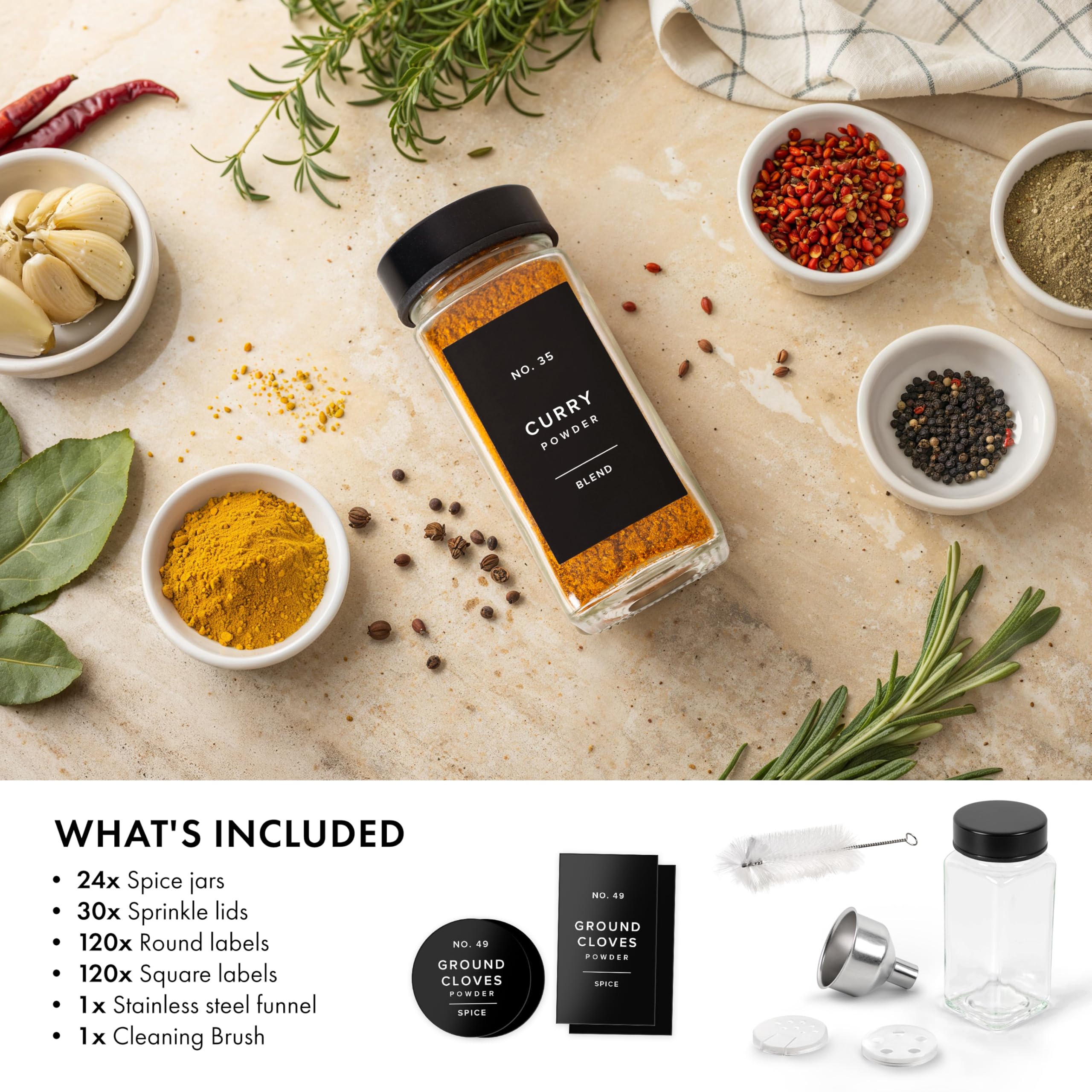 EDELHAUS Glass Spice Jars with Label and Black Lids (24 x 4oz) Spice Containers with 240 Labels, Shaker Inserts, Steel Funnel, Empty Square Empty Square Seasoning Organizer