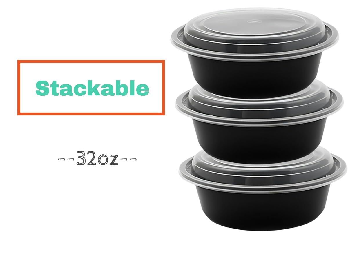 Meal Prep Containers 32oz Plastic Take-Out Container with Lids, 1 Compartment, BPA-Free, Microwave Safe, Food Storage Containers with Lids for Lunch, Salad, Bento Box (50 Pack)