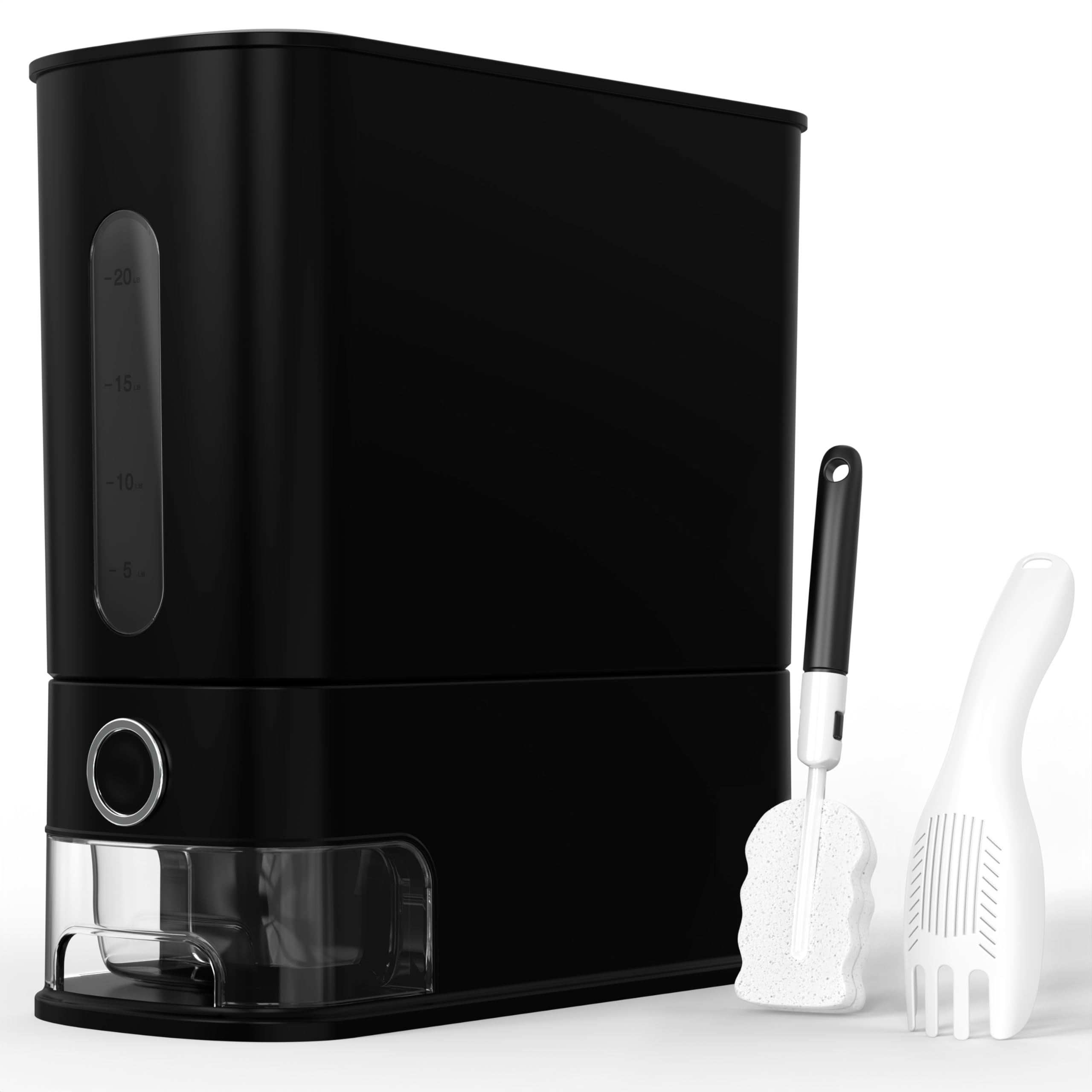 Retail Blade Rice Dispenser - 26.5 lbs Rice Storage Container with Measuring Cup, Rice Scoop & Sponge – Large Cereal Grain Bucket with Scale for Kitchen Pantry Organization, BPA-free, Airtight (Black)