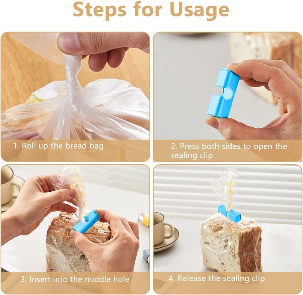 4Pcs Bread Bag Seal Clip Squeeze and Lock Bread Bag Clips for Food Storage, Reusable Easy Squeeze & Lock for Snack Food Bread Bag, Plastic Bag Clip Strong Moistures-Proof Fresh-Keeping Sealing Clip