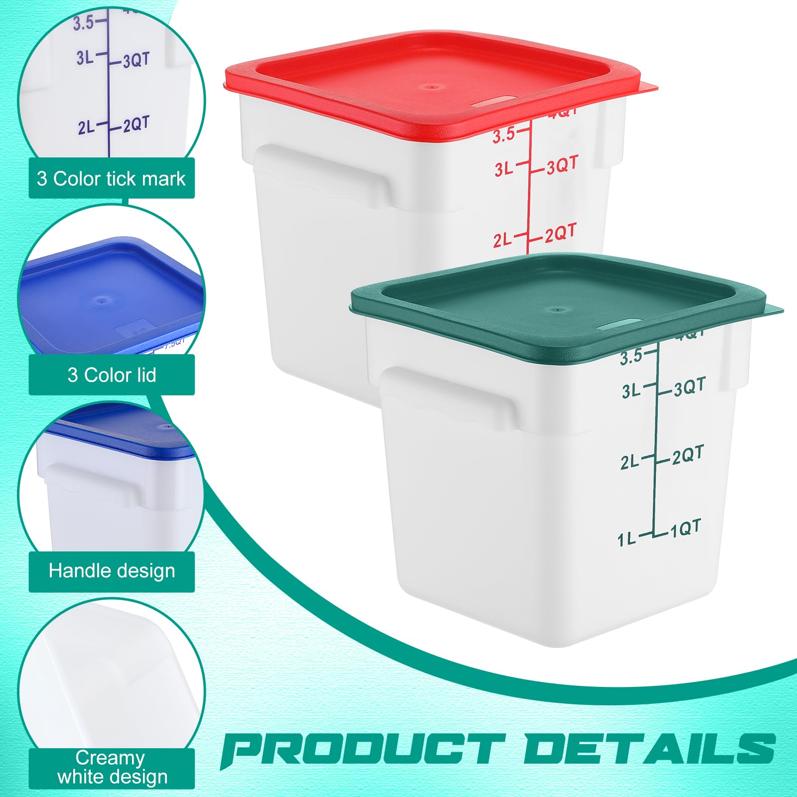 Ziliny 6 Pieces 4 Quart Commercial Food Storage Containers with Lid Translucent Container with 3 Color Lids for Freezer Flour Sugar Baking Bread Restaurant, Square