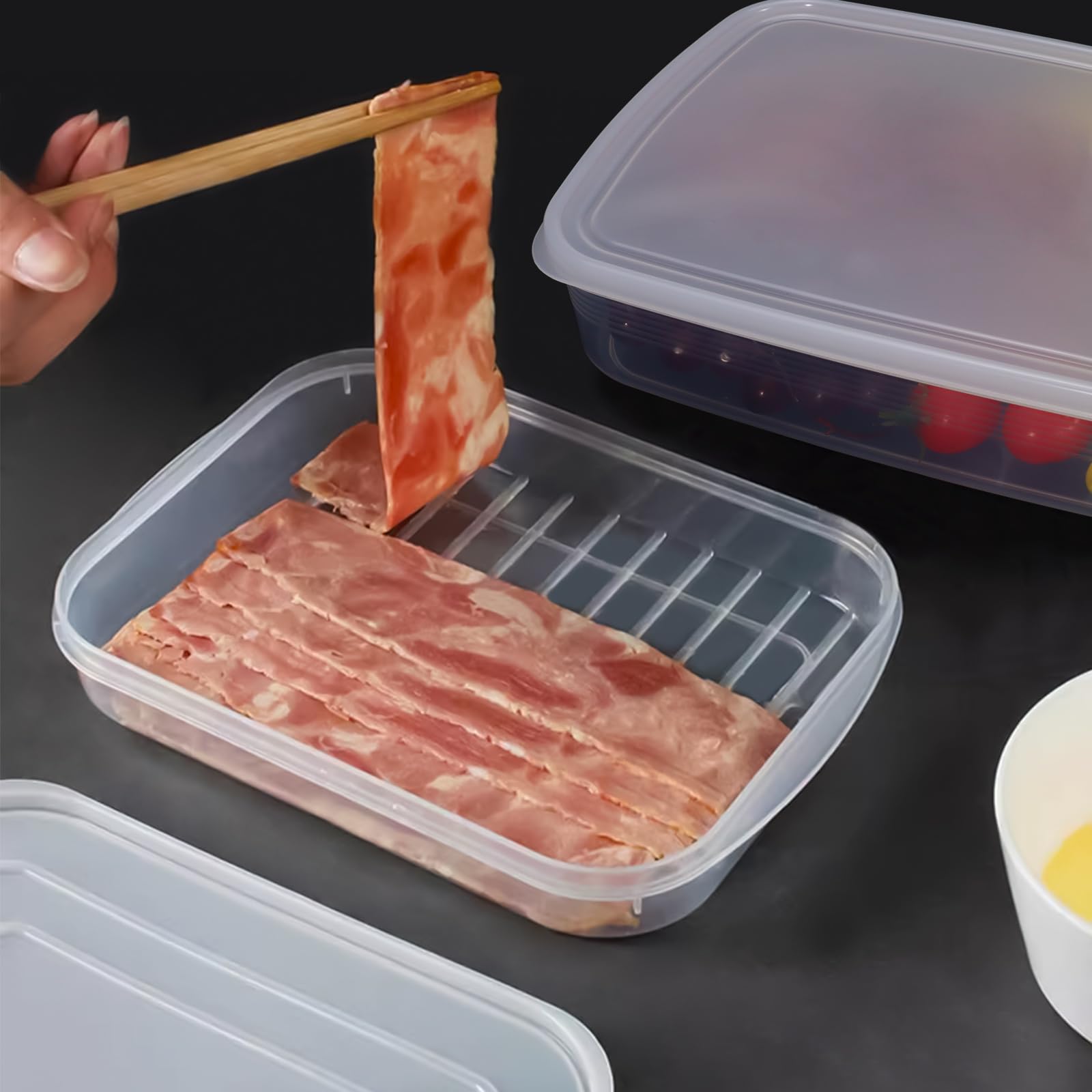 5 Pack Bacon Container for Refrigerator Airtight, Stackable Deli Meal Prep Containers with Lid, Bacon Keeper Holder Saver Box, Plastic Cold Cuts Storage Container Freezer Fridge (Rectangular)
