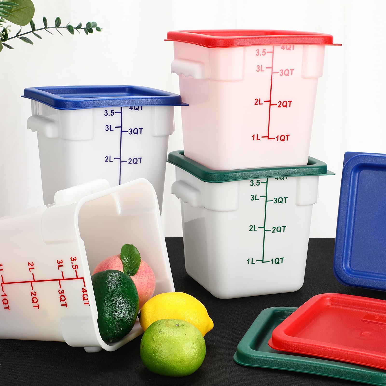 Ziliny 6 Pieces 4 Quart Commercial Food Storage Containers with Lid Translucent Container with 3 Color Lids for Freezer Flour Sugar Baking Bread Restaurant, Square