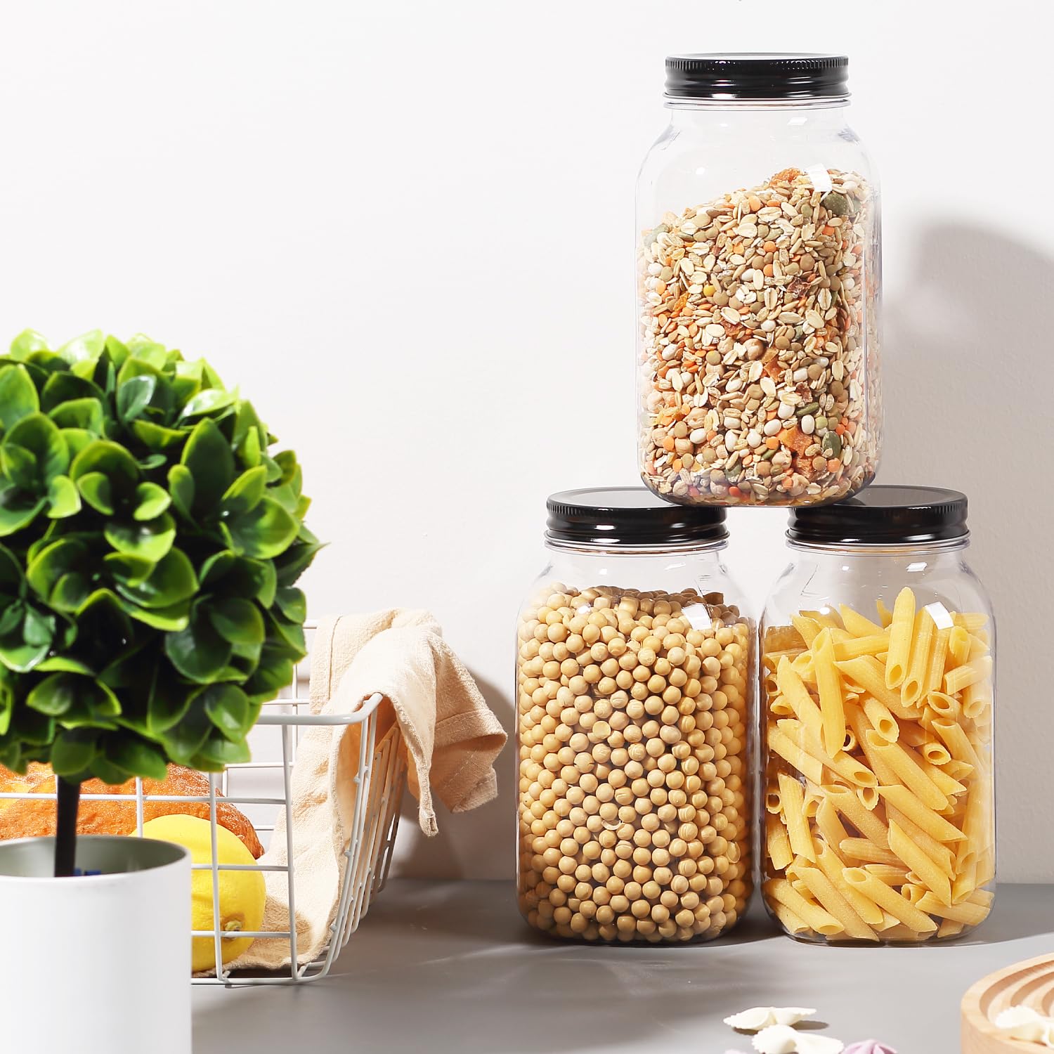OMNISAFE 32 Ounce Clear Plastic Mason Jars With Screw On Lid, Reusable Empty Jars for Food Storage, Round BPA Free Containers for Sealing, Dry Food, Snacks, Candies, Breakage-proof, (Black - 12 Pack)