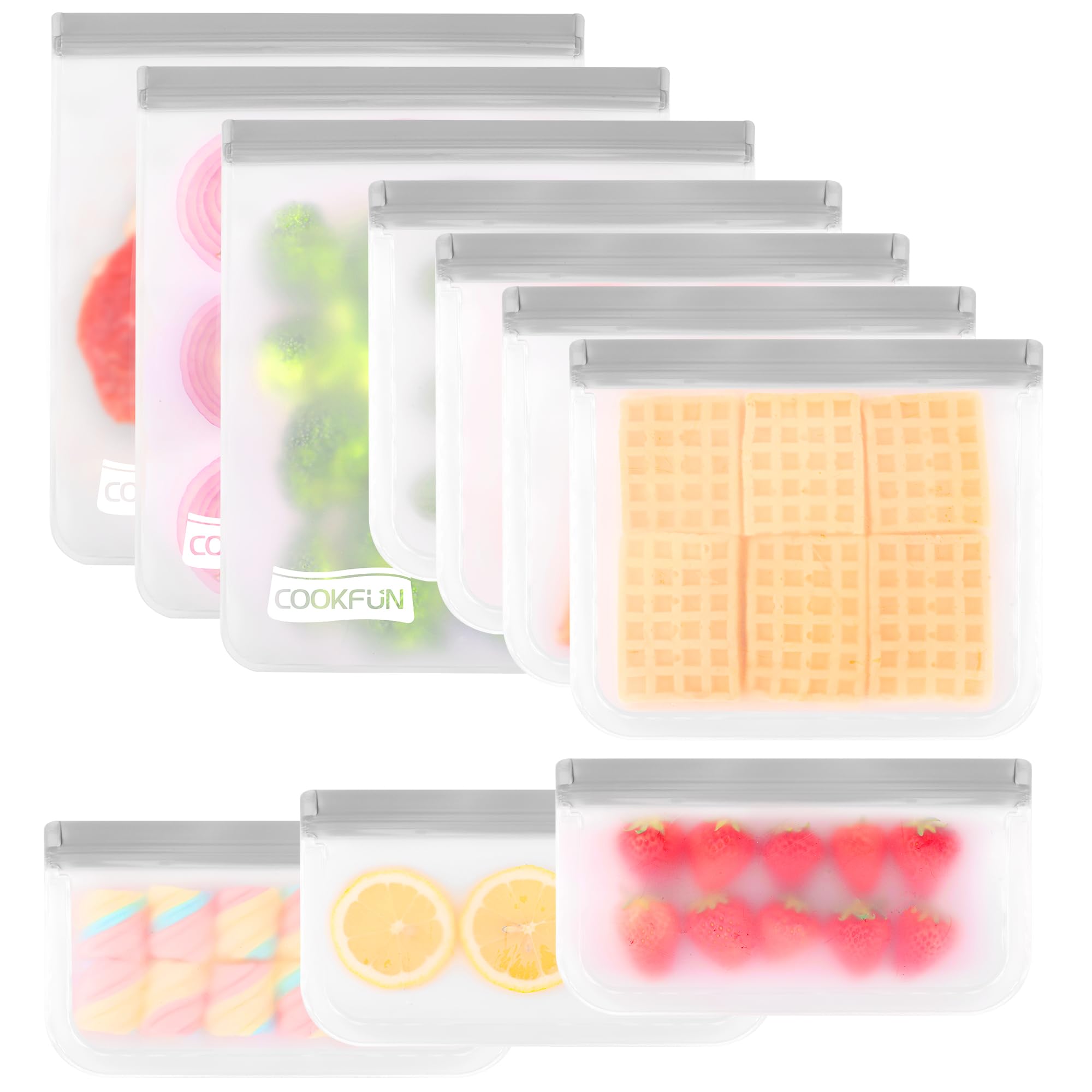 COOKFUN Reusable Freezer Bags 10 Pack, 3 Reusable Gallon Size Bags, 4 Reusable Sandwich Bags Ziplock Containers, 3 Resuable Snack Bags for Kids Adults, Kitchen Fridge Organization and Storage