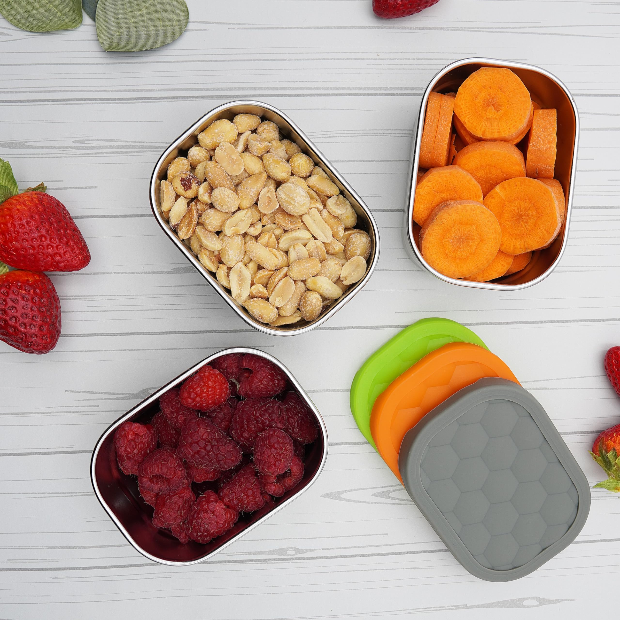 LUNA HOME GOODS Stainless Steel Snack and Food Containers with Leakproof Lids, 3 Pack 8 0z, Fruits, Vegetables, Sauces, Portion Control, Perfect Lunch and Food Storage Containers