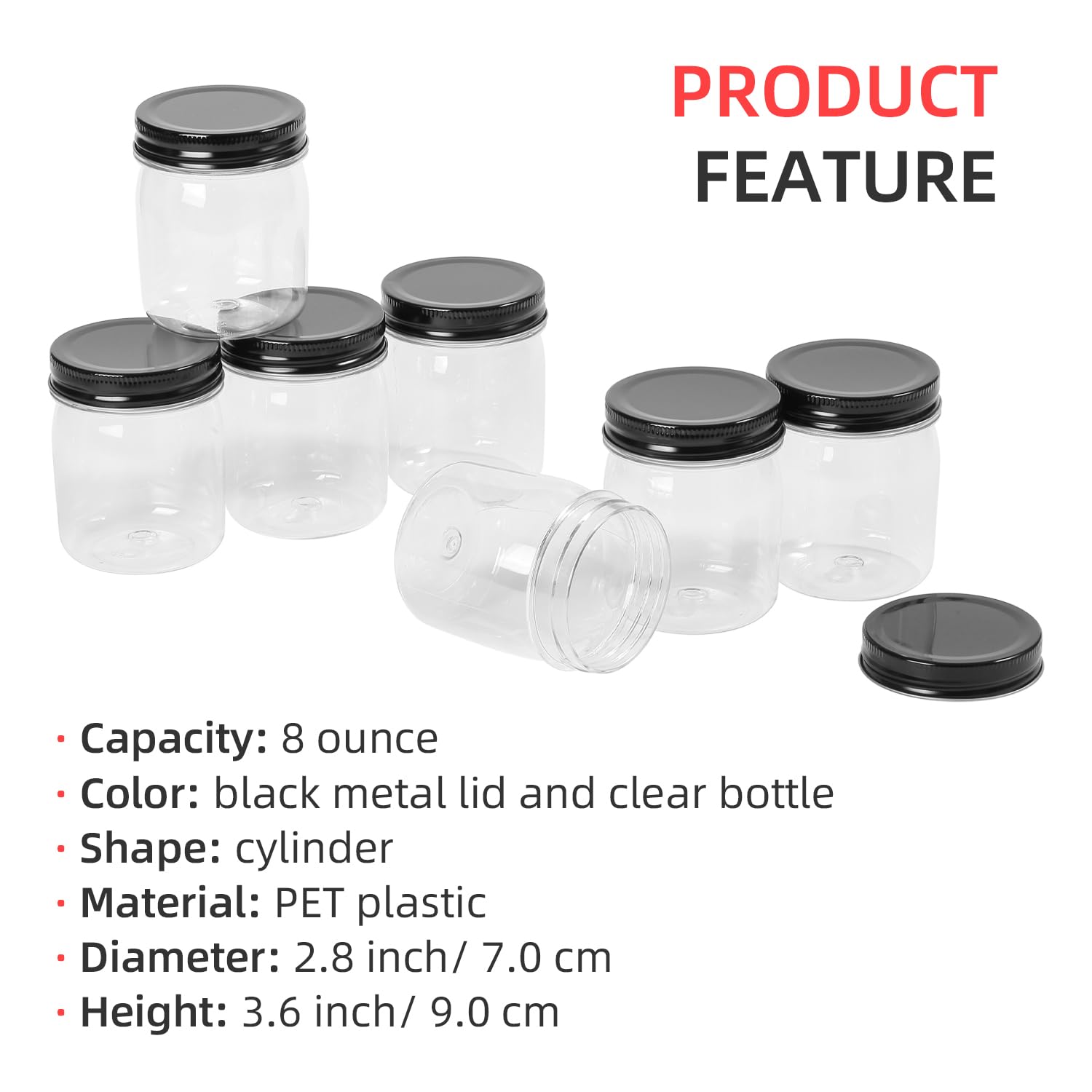 OMNISAFE 8 Ounce Clear Plastic Mason Jars With Screw On Lid, Reusable Empty Jars for Food Storage, Round BPA Free Containers for Sealing, Dry Food, Snacks, Candies, Breakage-proof, (Black - 16 Pack)