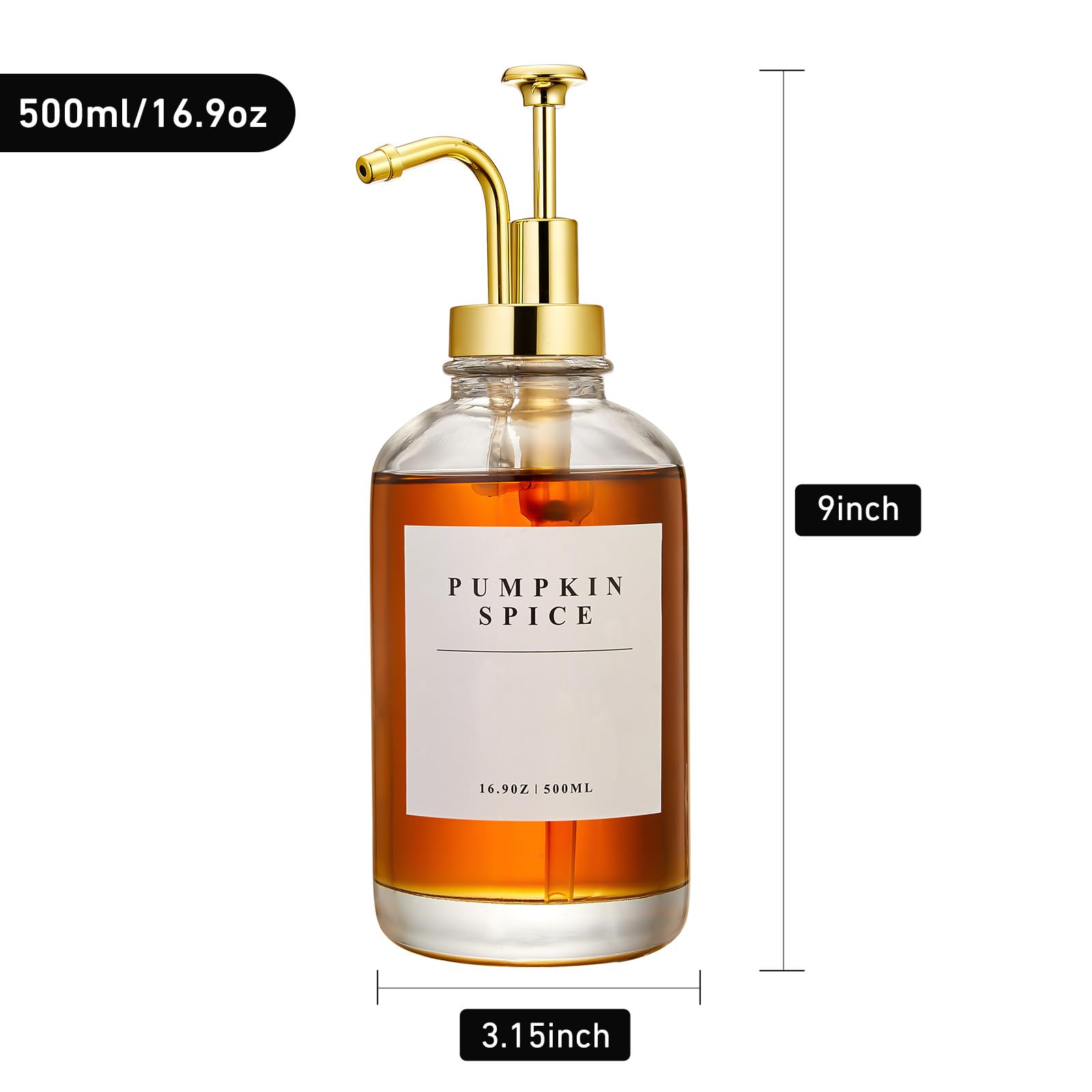 HSIOHE Coffee Syrup Dispenser for Coffee Bar,4 Pack Syrup Dispenser 16.9 oz 500 ml, Glass Syrup Bottle with Gold Upgraded Pump, Coffee Syrup Pump Dispenser, 28 Labels and Large Bamboo Tray