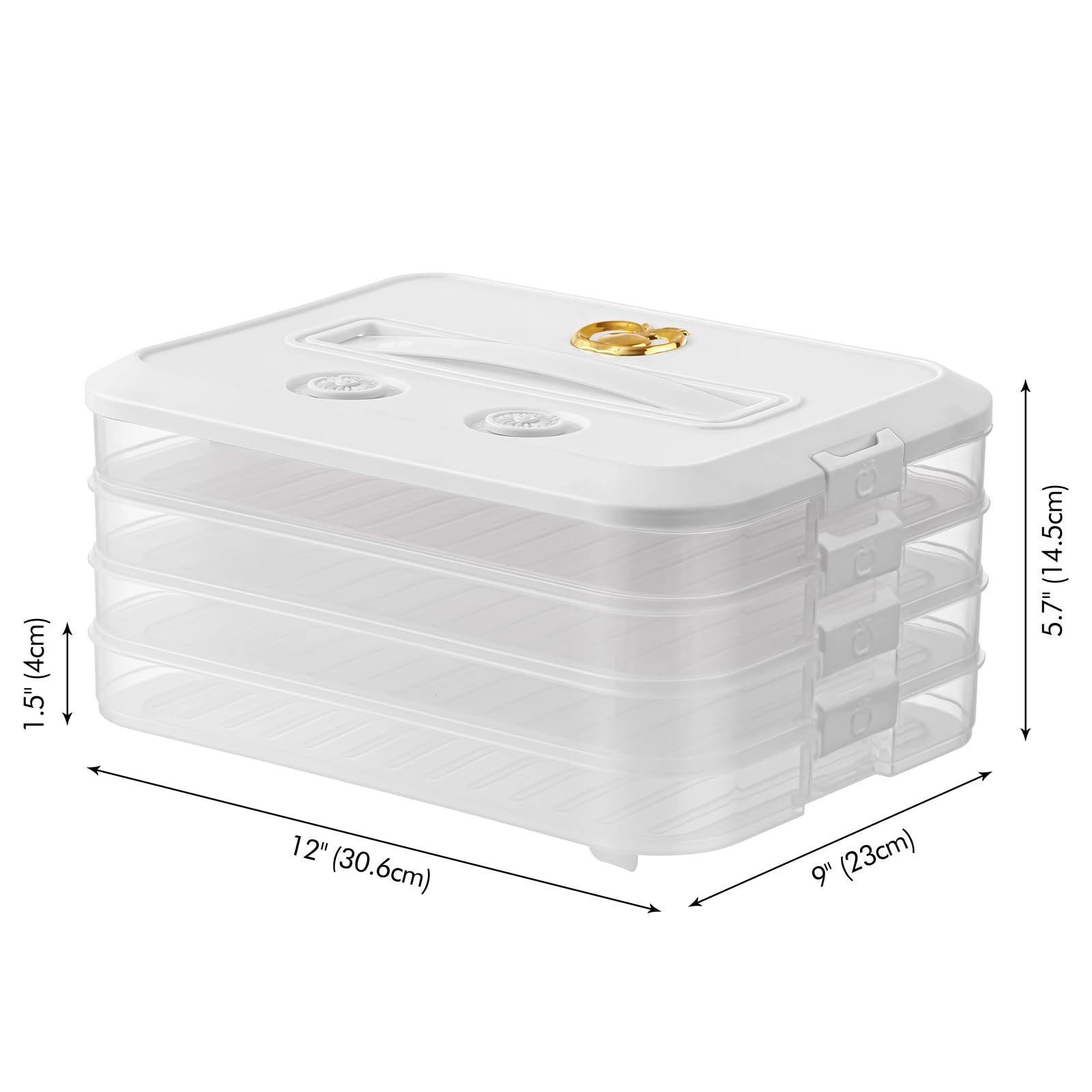 Lunhoo 4 Layer Dumpling Box, Food Storage Containers with Lid and Handle, Stackable Biscuit Storage Box for Kitchen and Fridge (White Lid)