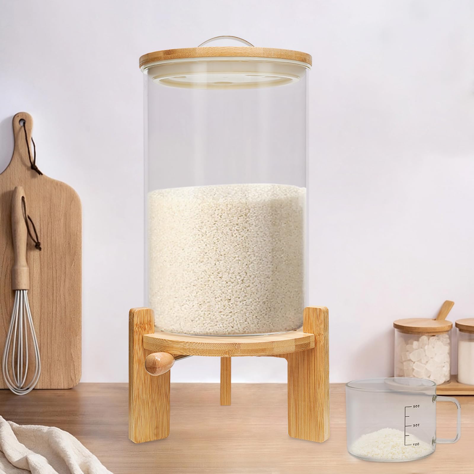 SAHUANIYE Glass Rice Dispenser, Grain Dispensers Clear Dry Food Storage Container, Flour Cereal Rice Storage Box With Sealed Lid And Measuring Cup For Storing Sugar/Coffee Beans/Oats/Kitchen Food
