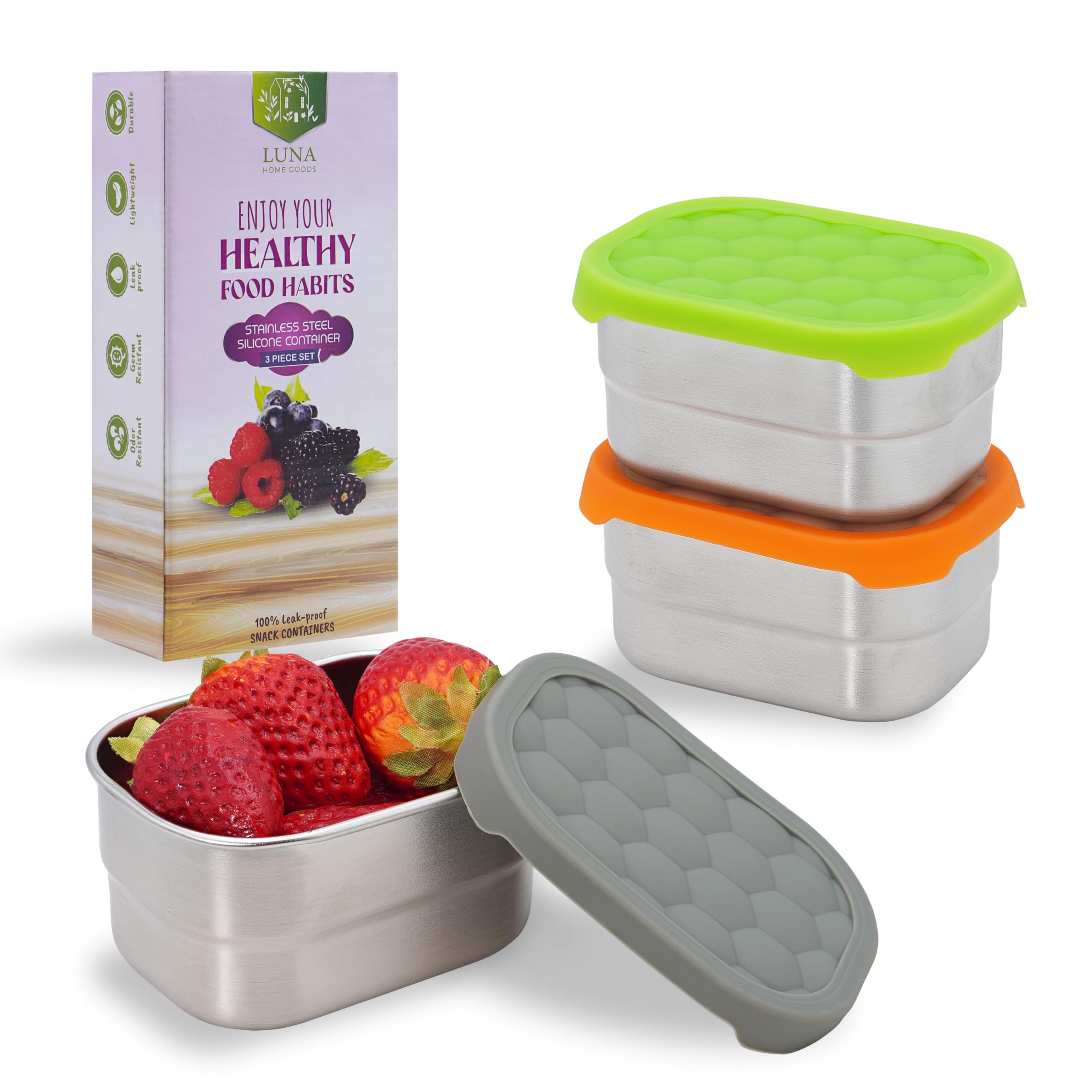 LUNA HOME GOODS Stainless Steel Snack and Food Containers with Leakproof Lids, 3 Pack 8 0z, Fruits, Vegetables, Sauces, Portion Control, Perfect Lunch and Food Storage Containers