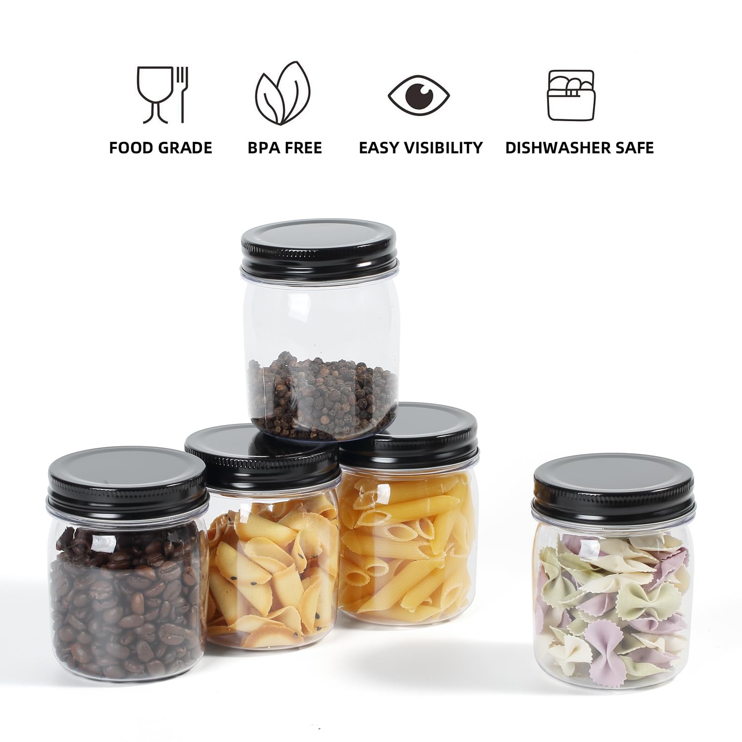 OMNISAFE 8 Ounce Clear Plastic Mason Jars With Screw On Lid, Reusable Empty Jars for Food Storage, Round BPA Free Containers for Sealing, Dry Food, Snacks, Candies, Breakage-proof, (Black - 16 Pack)