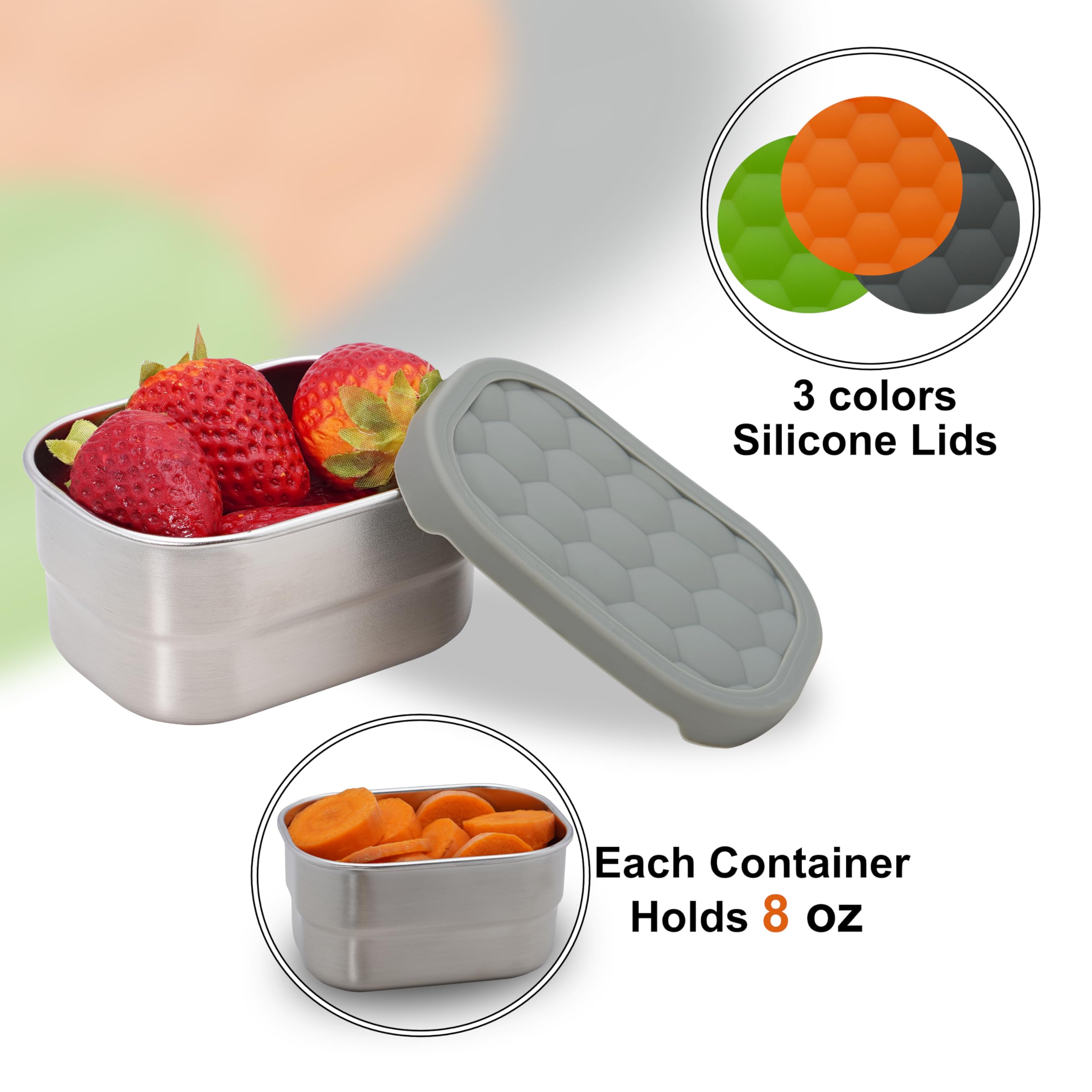 LUNA HOME GOODS Stainless Steel Snack and Food Containers with Leakproof Lids, 3 Pack 8 0z, Fruits, Vegetables, Sauces, Portion Control, Perfect Lunch and Food Storage Containers
