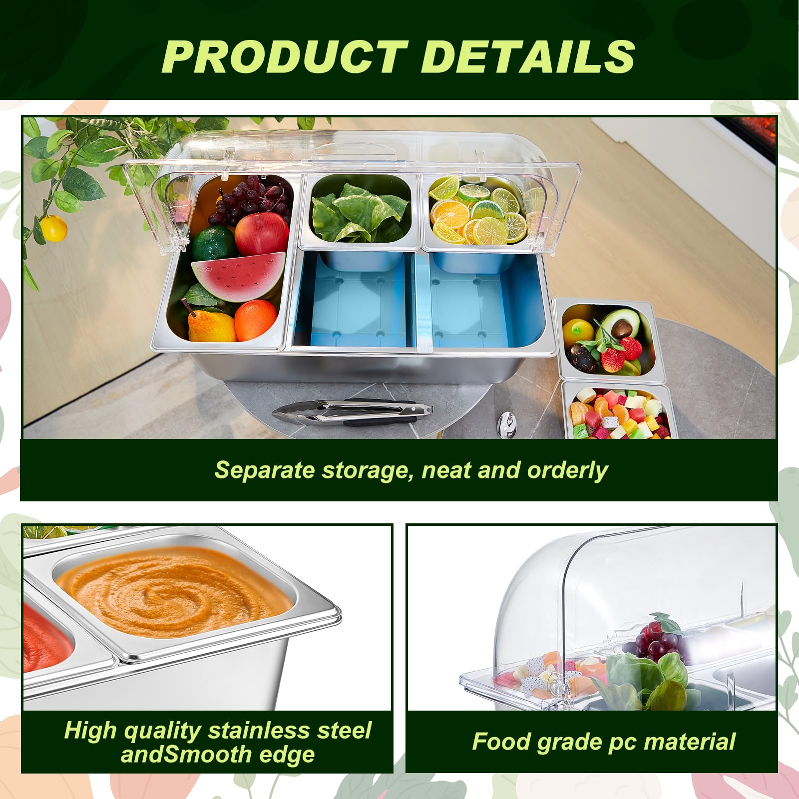 Tessco 1 Set Countertop Ice Food Serving Display Container Condiment Dispenser with Lid Stainless Steel Serving Tray Buffet Station with Clamps Spoons Ice Box for Restaurant Kitchen (5 Compartments)