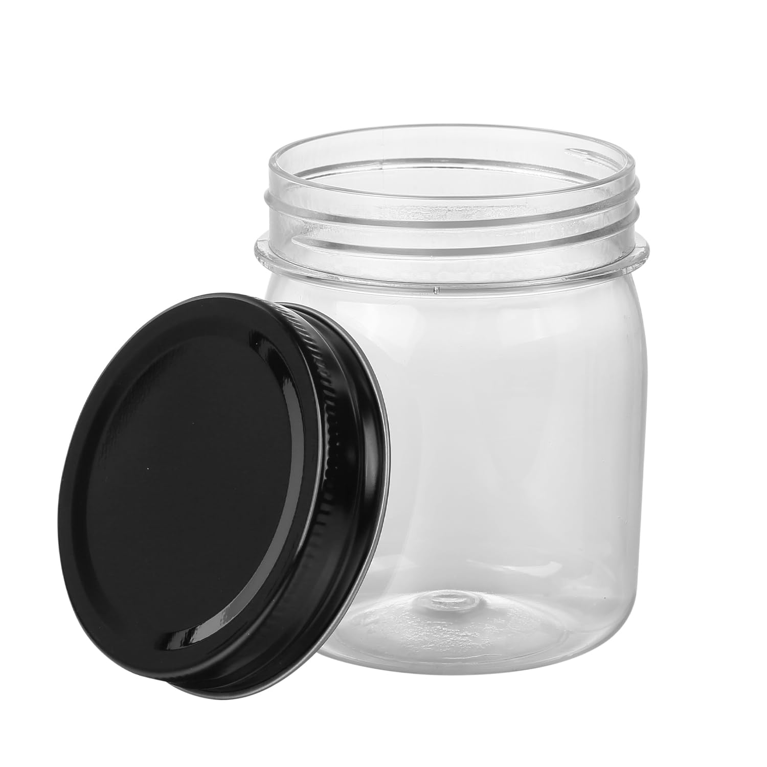 OMNISAFE 8 Ounce Clear Plastic Mason Jars With Screw On Lid, Reusable Empty Jars for Food Storage, Round BPA Free Containers for Sealing, Dry Food, Snacks, Candies, Breakage-proof, (Black - 16 Pack)