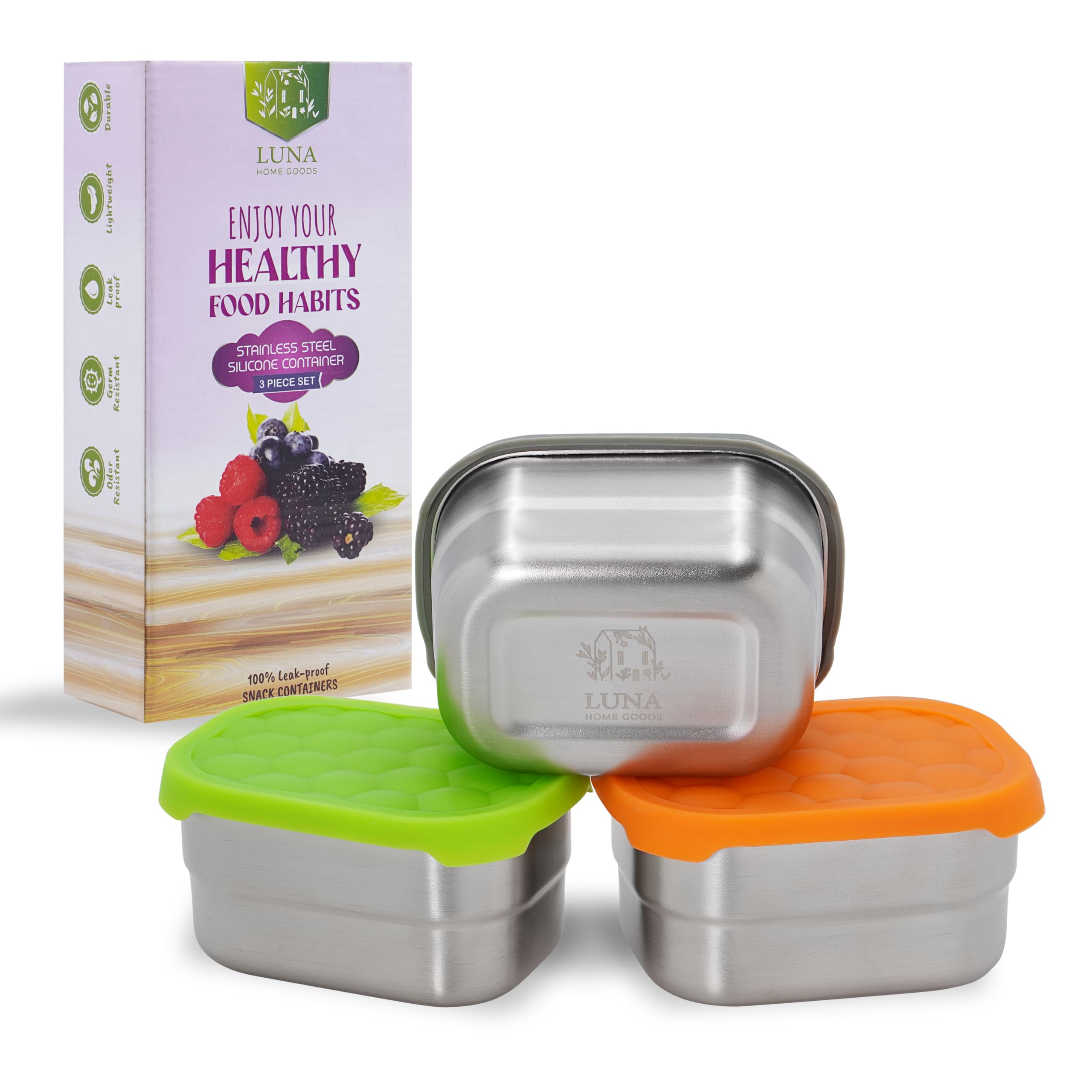LUNA HOME GOODS Stainless Steel Snack and Food Containers with Leakproof Lids, 3 Pack 8 0z, Fruits, Vegetables, Sauces, Portion Control, Perfect Lunch and Food Storage Containers