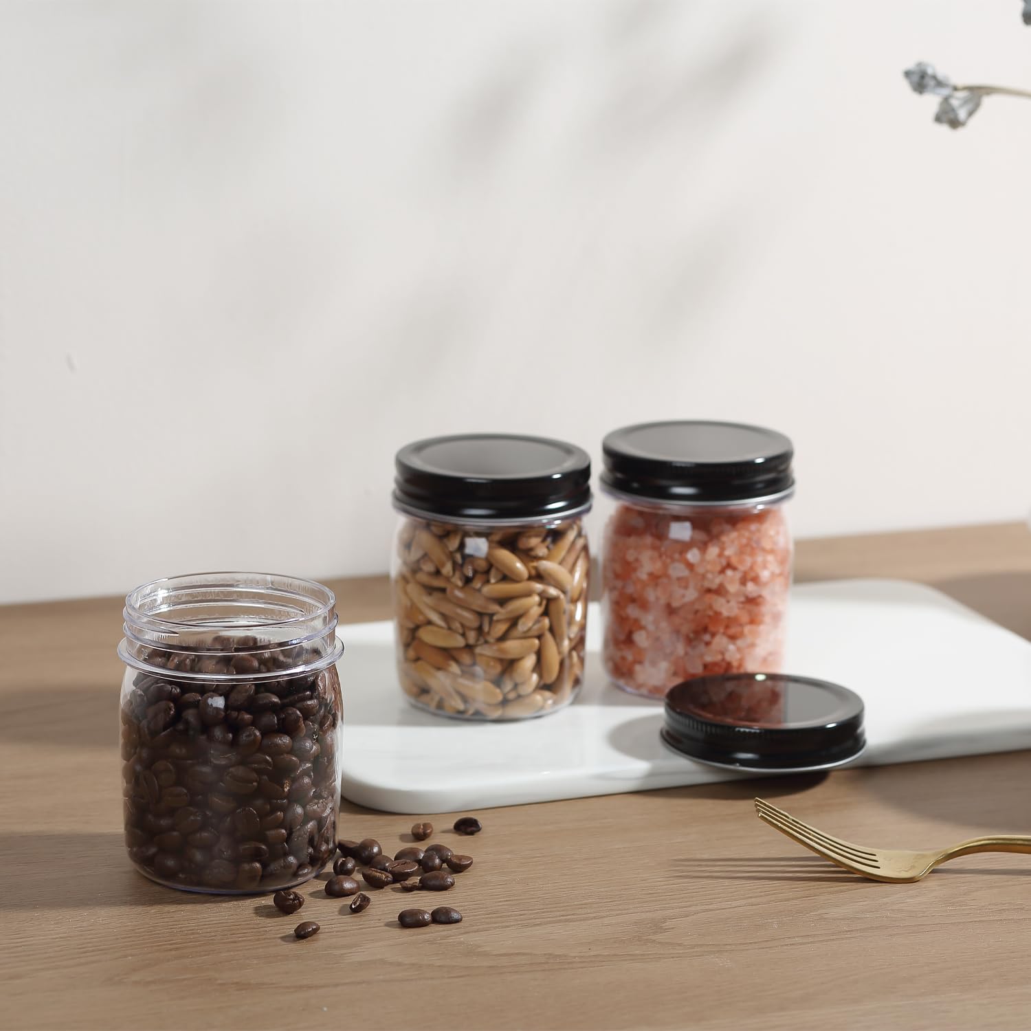 OMNISAFE 8 Ounce Clear Plastic Mason Jars With Screw On Lid, Reusable Empty Jars for Food Storage, Round BPA Free Containers for Sealing, Dry Food, Snacks, Candies, Breakage-proof, (Black - 16 Pack)