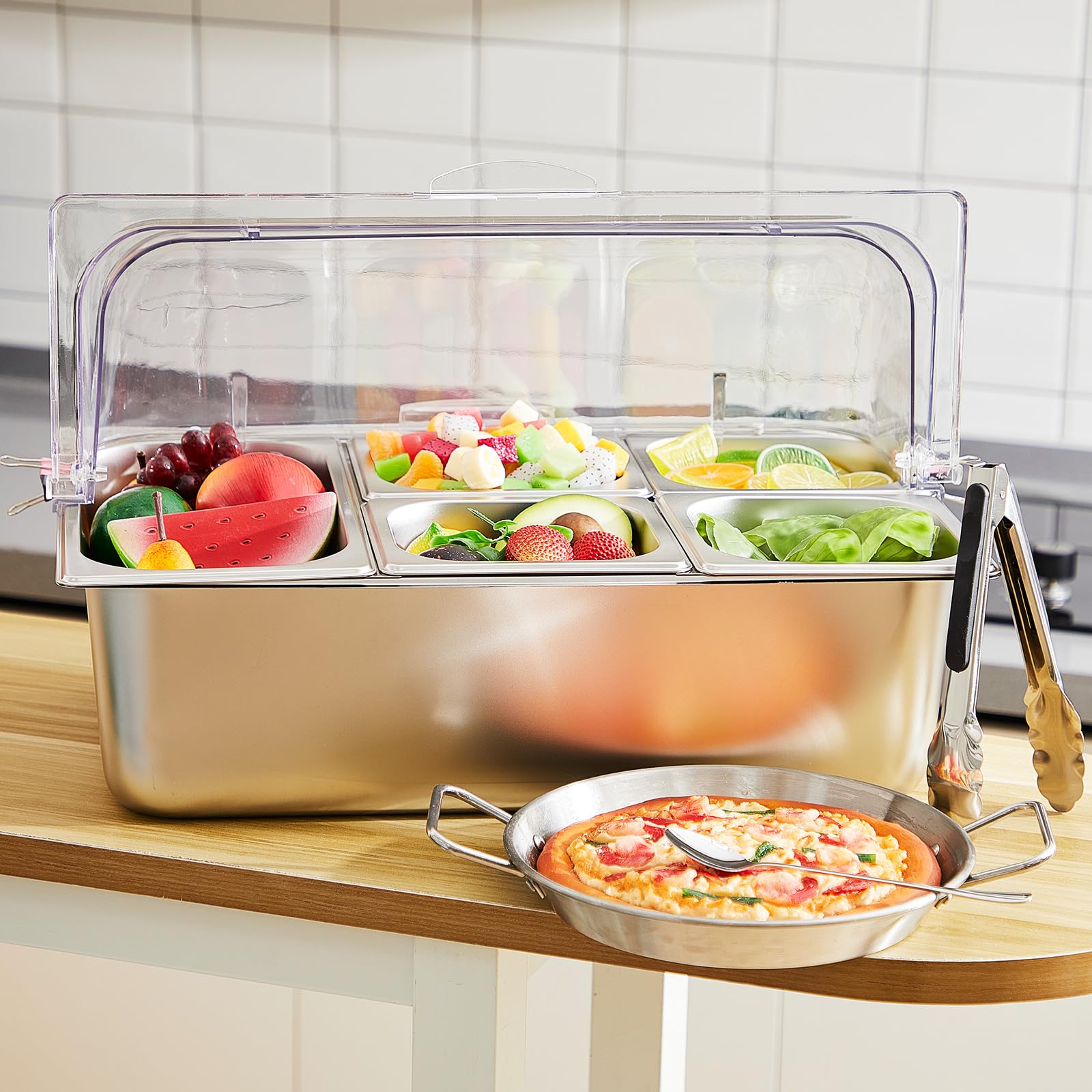 Tessco 1 Set Countertop Ice Food Serving Display Container Condiment Dispenser with Lid Stainless Steel Serving Tray Buffet Station with Clamps Spoons Ice Box for Restaurant Kitchen (5 Compartments)