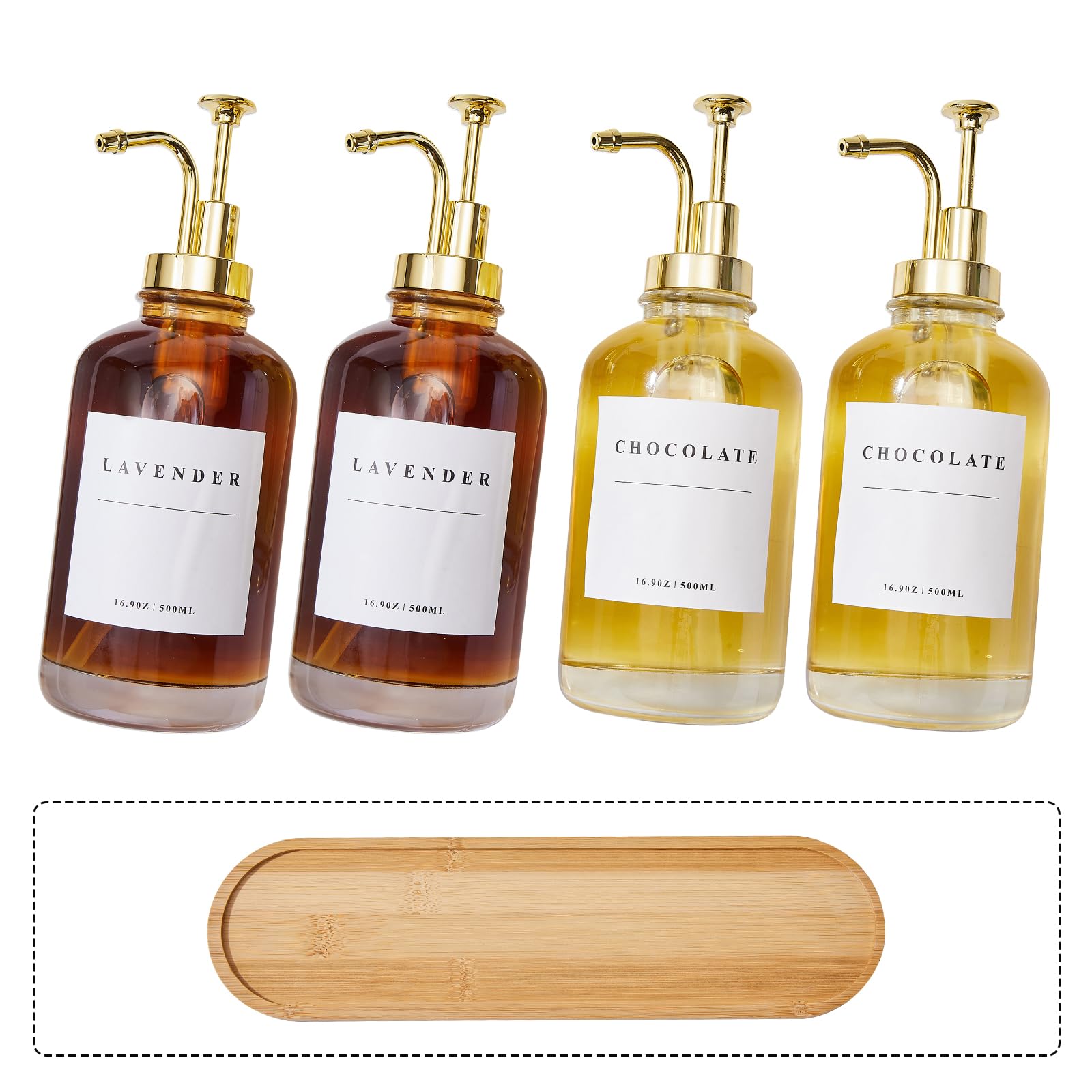 HSIOHE Coffee Syrup Dispenser for Coffee Bar,4 Pack Syrup Dispenser 16.9 oz 500 ml, Glass Syrup Bottle with Gold Upgraded Pump, Coffee Syrup Pump Dispenser, 28 Labels and Large Bamboo Tray