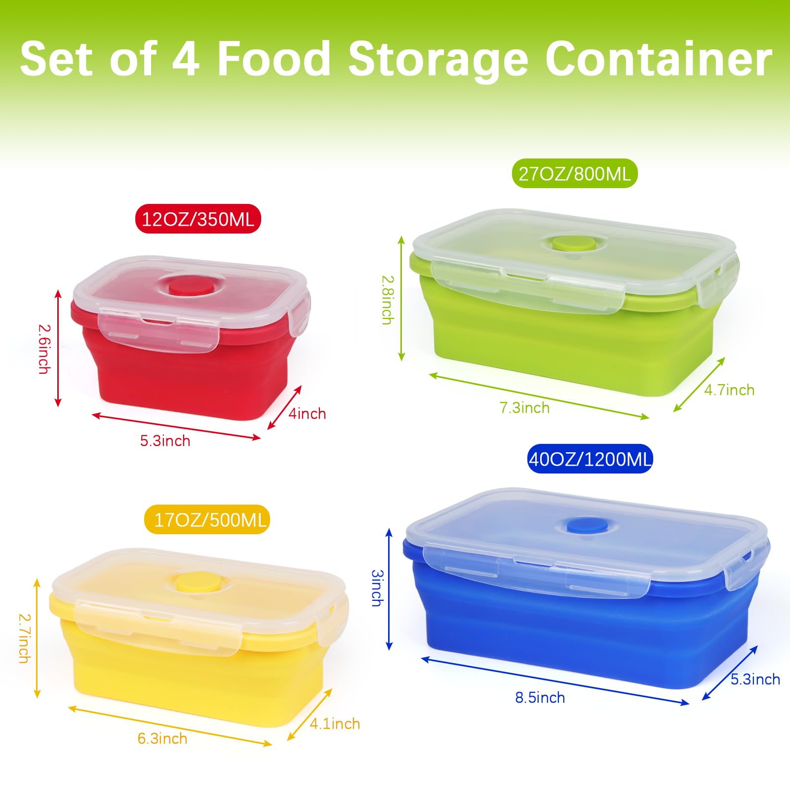 NATUREKIT 4 Collapsible Silicone Food Storage Containers,Kitchen Stackable Leftover Bento Lunch Meal Box with Plastic Airtight Lids, Leak-proof Camping Food Storage,Microwave Dishwasher Freezer Safe