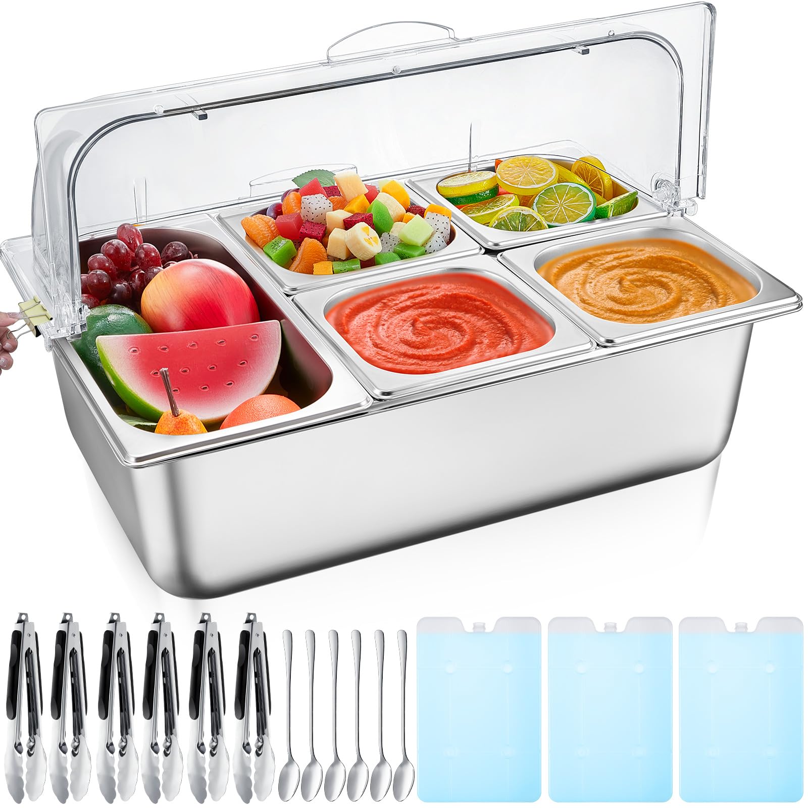 Tessco 1 Set Countertop Ice Food Serving Display Container Condiment Dispenser with Lid Stainless Steel Serving Tray Buffet Station with Clamps Spoons Ice Box for Restaurant Kitchen (5 Compartments)