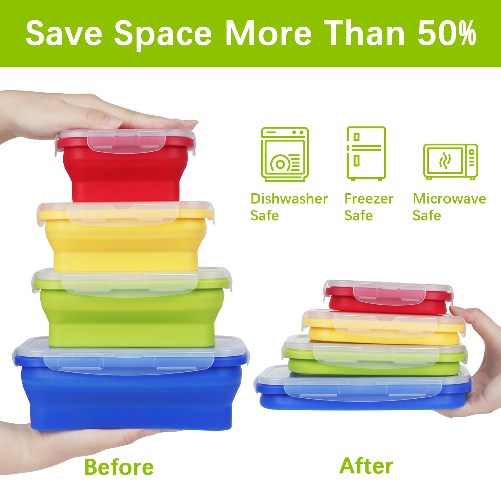NATUREKIT 4 Collapsible Silicone Food Storage Containers,Kitchen Stackable Leftover Bento Lunch Meal Box with Plastic Airtight Lids, Leak-proof Camping Food Storage,Microwave Dishwasher Freezer Safe
