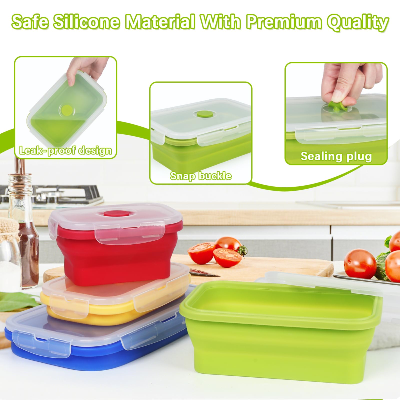 NATUREKIT 4 Collapsible Silicone Food Storage Containers,Kitchen Stackable Leftover Bento Lunch Meal Box with Plastic Airtight Lids, Leak-proof Camping Food Storage,Microwave Dishwasher Freezer Safe